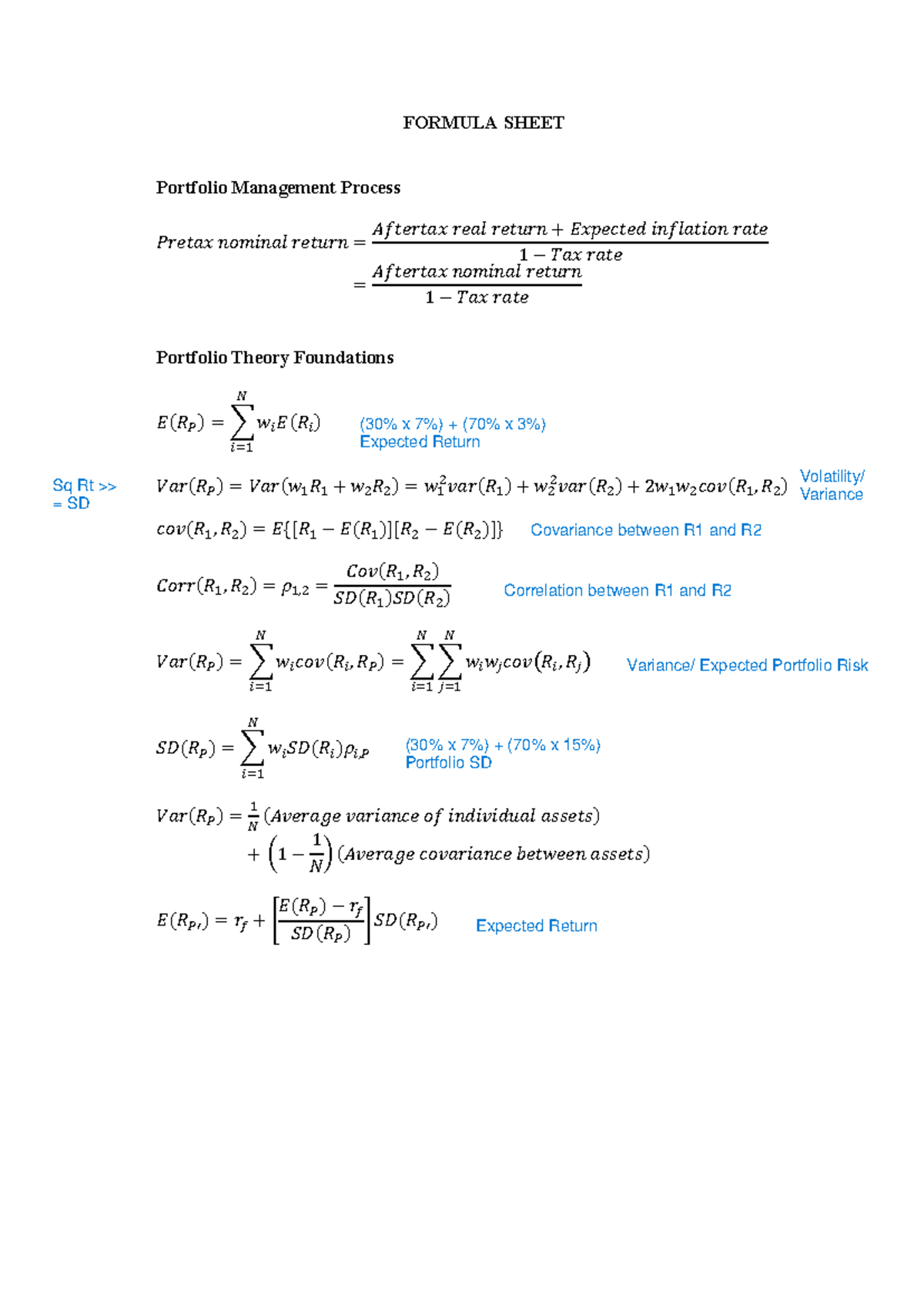 Exam Formula Sheet - FORMULA SHEET Portfolio Management Process ...