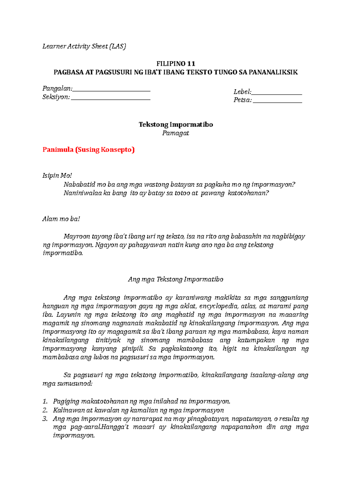 LAS Pagbasa AT Pagsusuri 1st Quarter 11 - Learner Activity Sheet (LAS ...