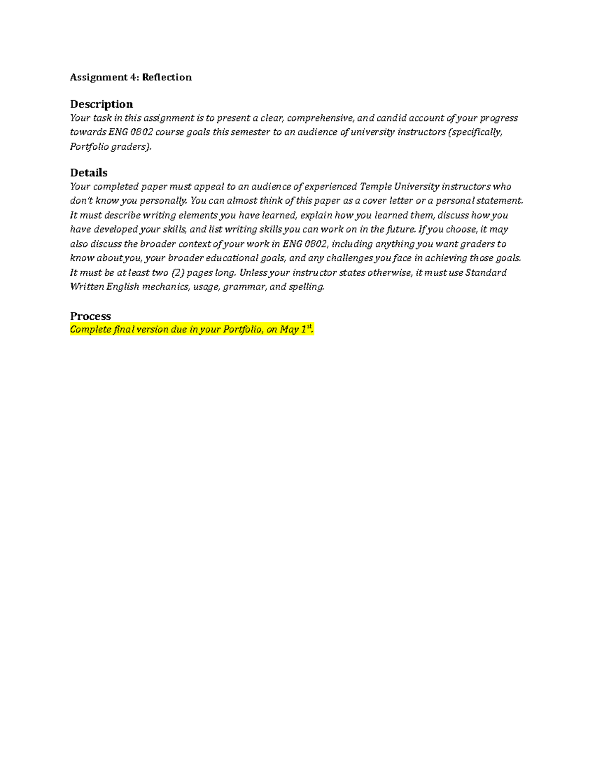 Paper 4 - Assignment 4: Reflection Description Your task in this ...