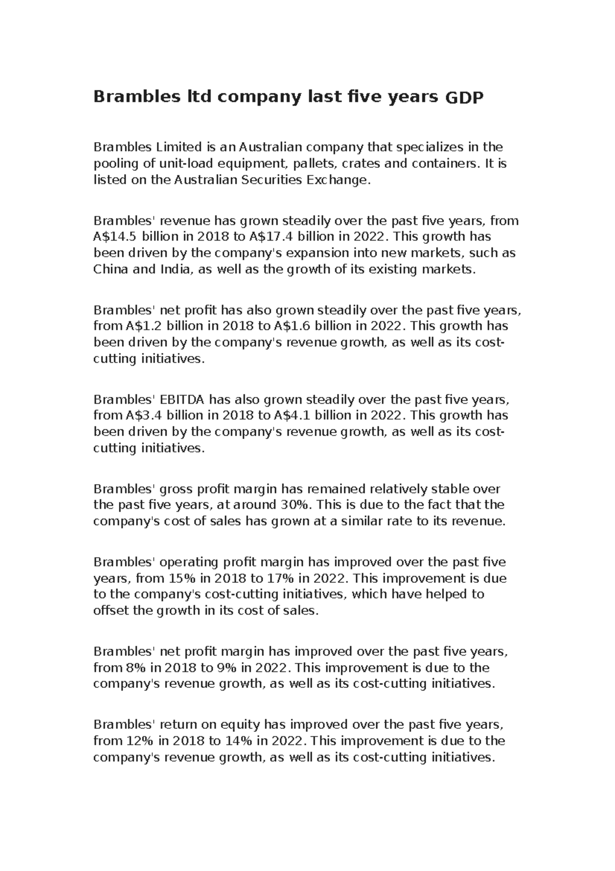 Brambles ltd company last five years GDP - It is listed on the ...