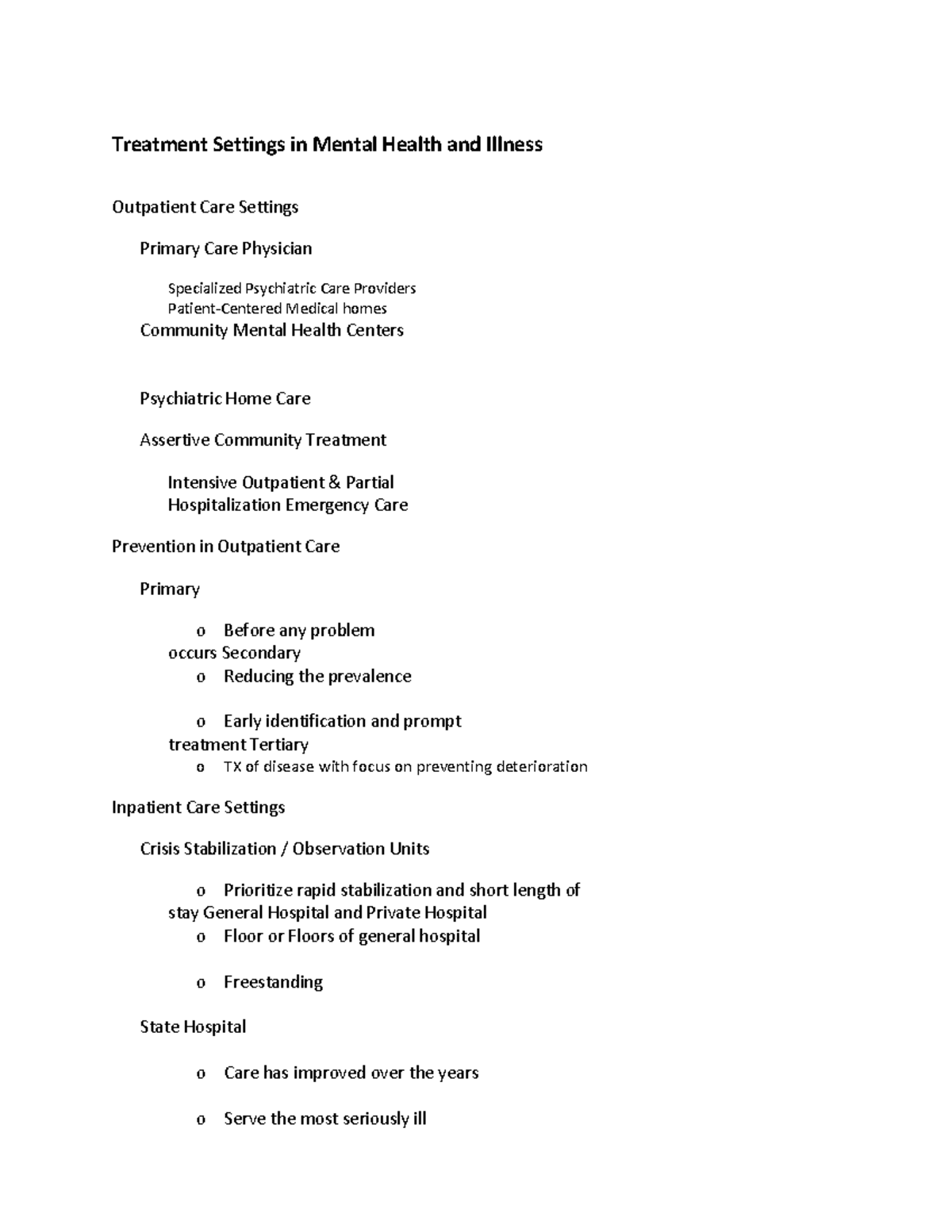 Treatment Settings in Mental Health and Illness - Treatment Settings in ...