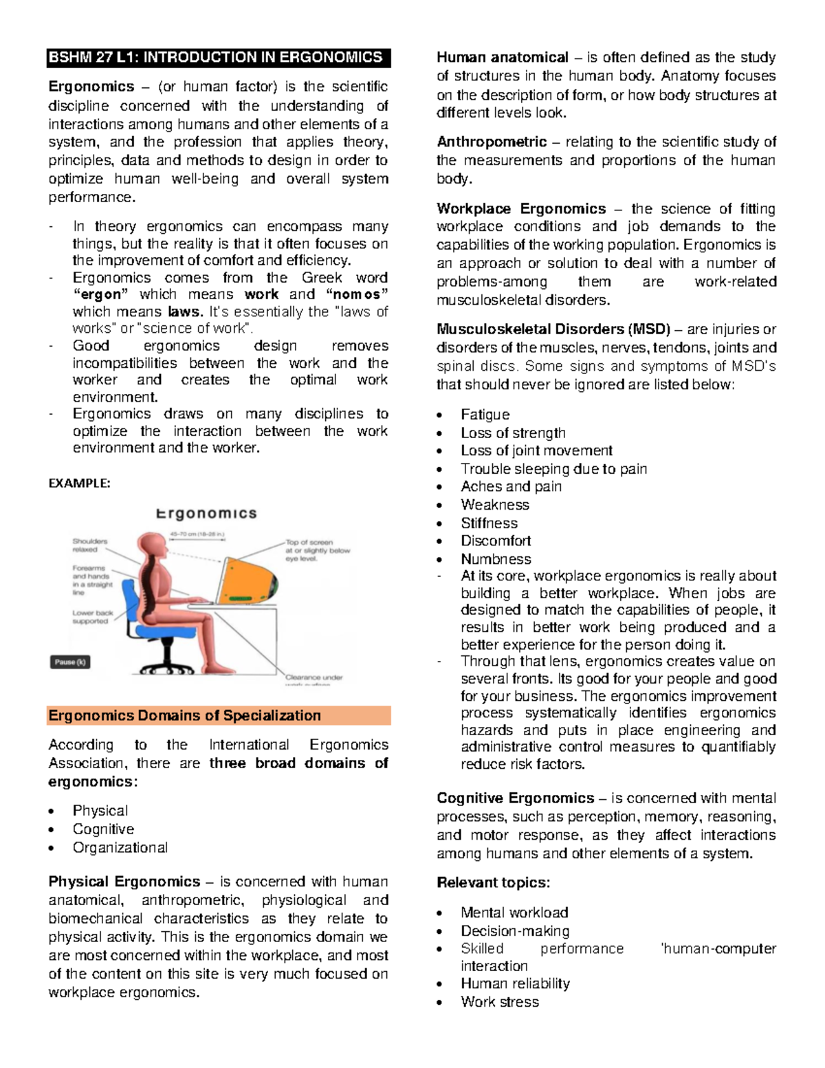ERGO L1- Format - BSHM 27 L1: INTRODUCTION IN ERGONOMICS Ergonomics ...