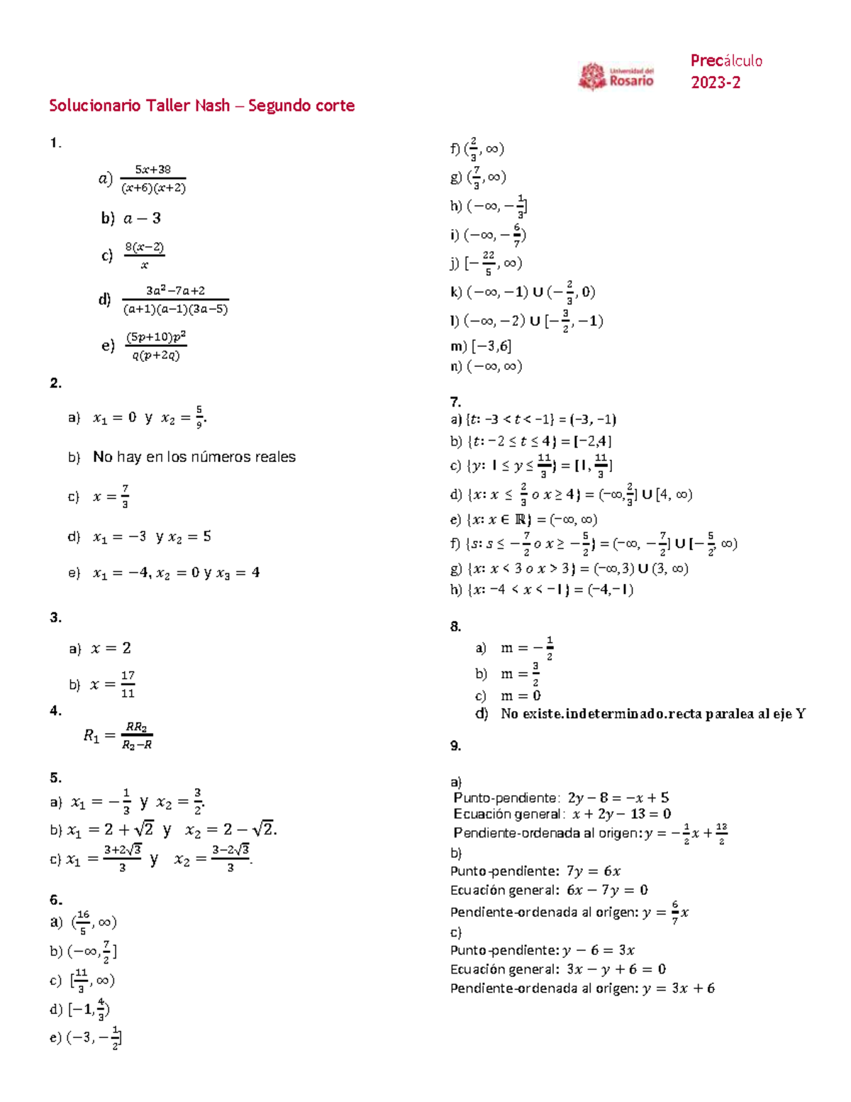 Solucionario Taller 2 Nash Precalculo -2024-1 - Prec ́alculo 2023 - 2 Solucionario Taller Nash ...