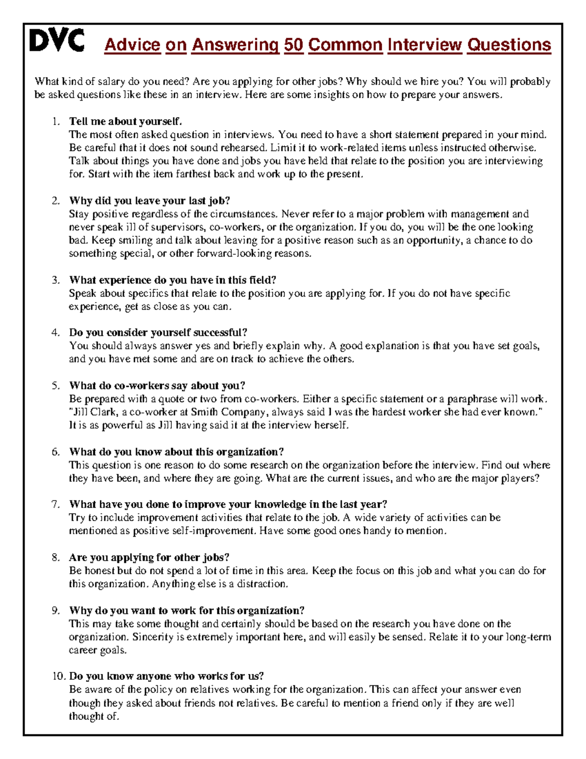 50 Common Interview Questions - Advice on Answering 50 Common Interview ...