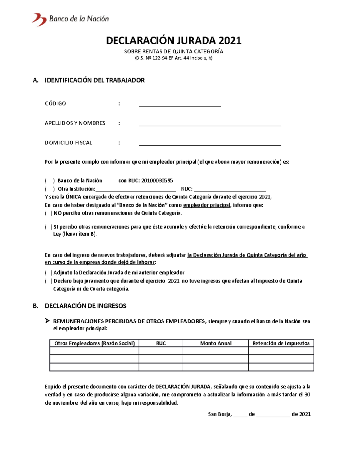 Declaracion Jurada 2020 Sunat - DECLARACIÓN JURADA 2021 SOBRE RENTAS DE ...