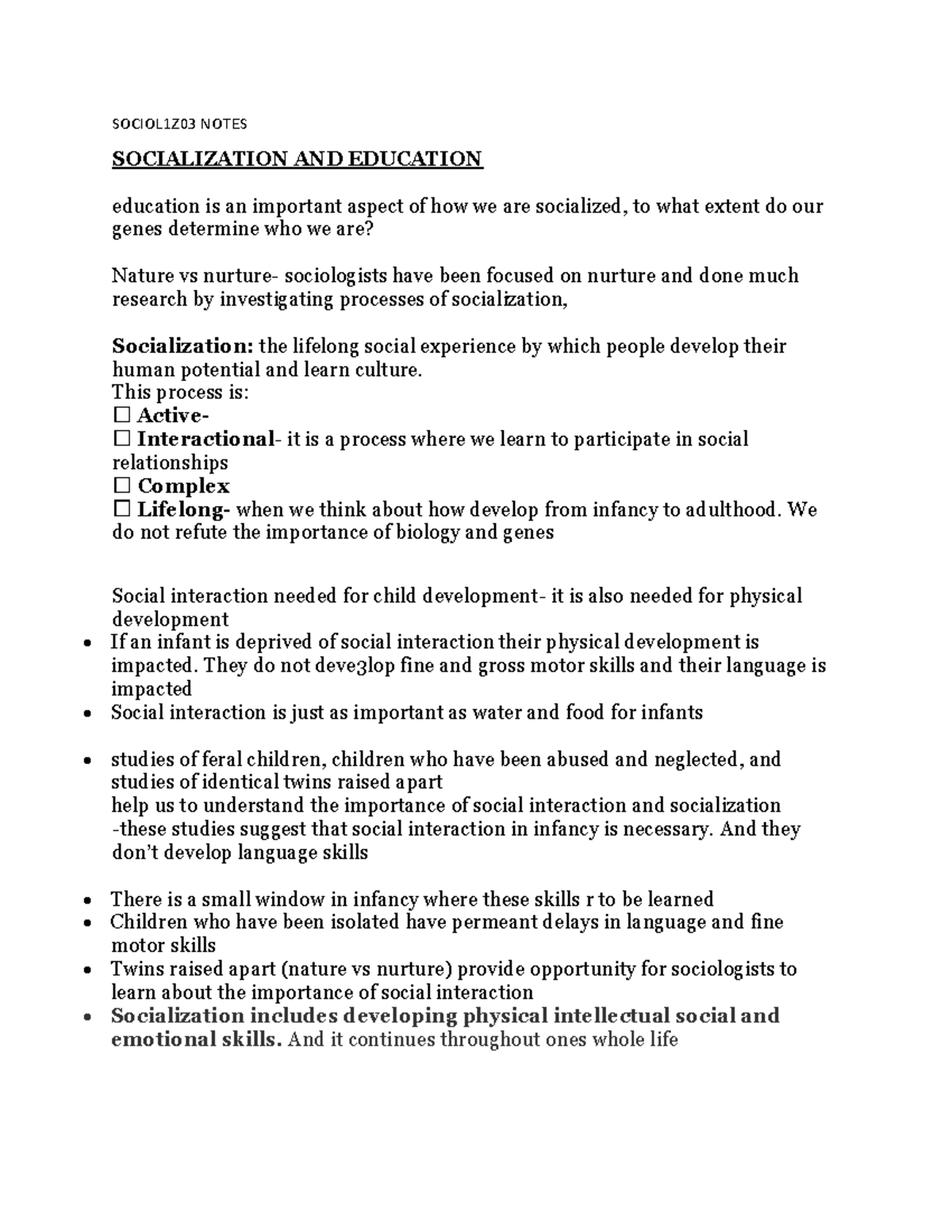 Sociol 1Z03 Notes - SOCIOL1Z03 NOTES SOCIALIZATION AND EDUCATION ...