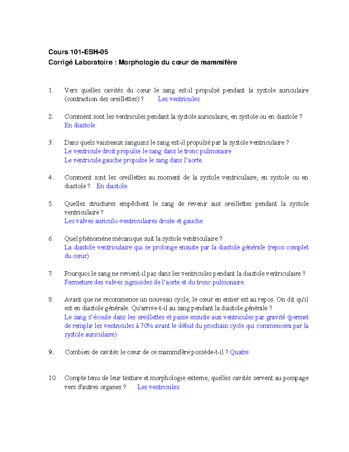 Corrigé Labo 7. Dissection du coeur - Cours 101 - ESH- 05 Corrigé ...