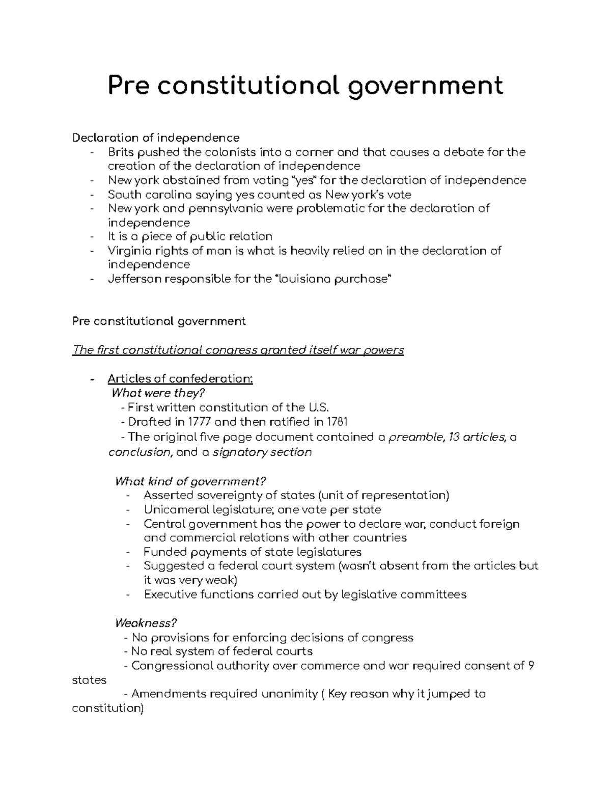 American Government notes - Pre constitutional government Declaration ...