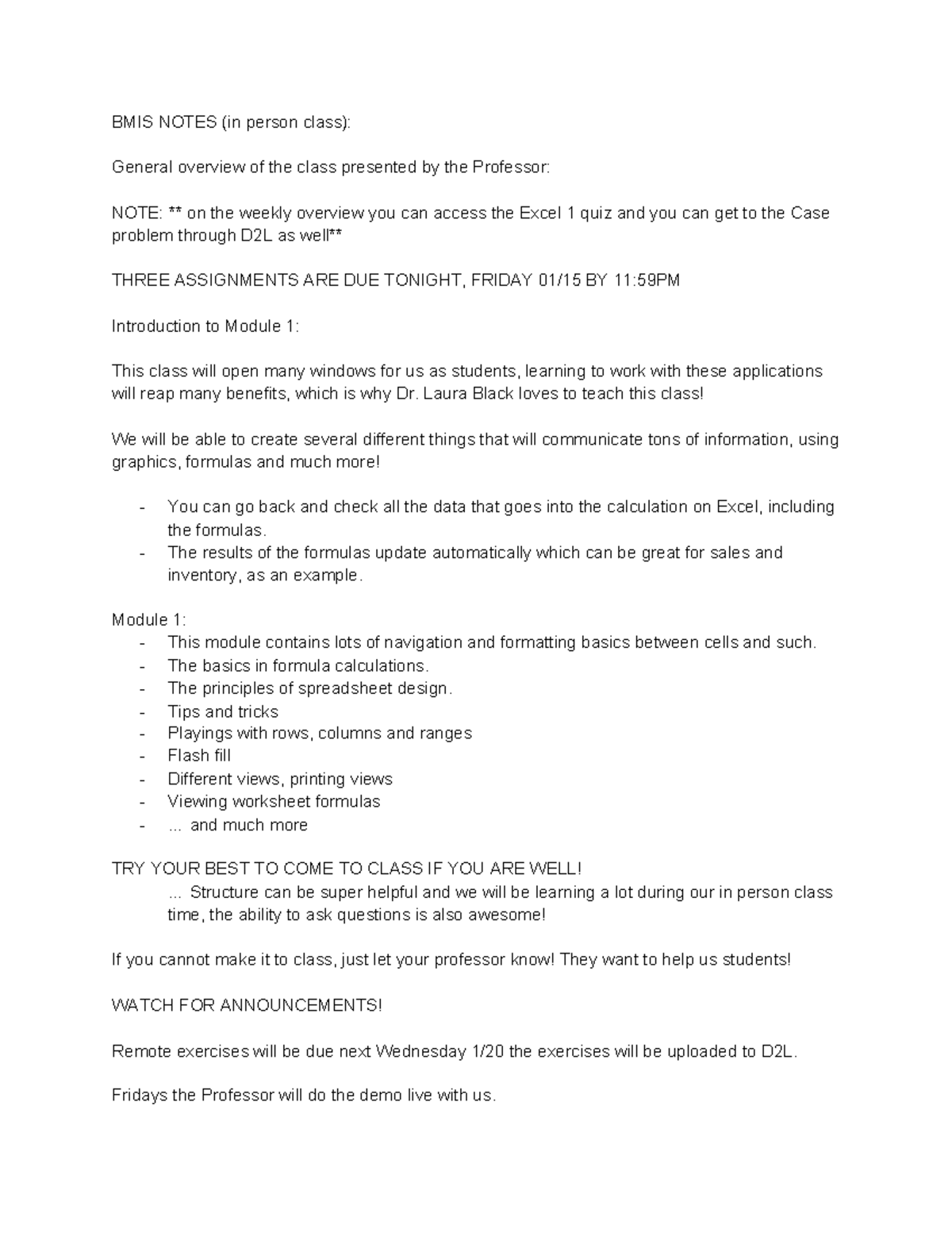 BMIS Notes 01 15 - BMIS NOTES (in person class): General overview of ...