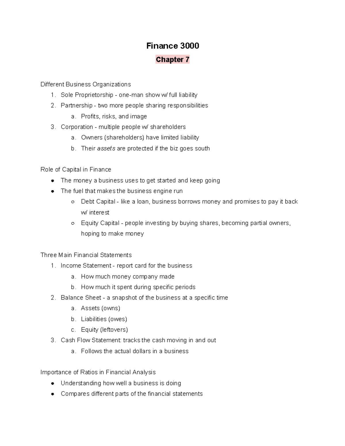 Finance Study Guide - Finance 3000 Chapter 7 Different Business ...