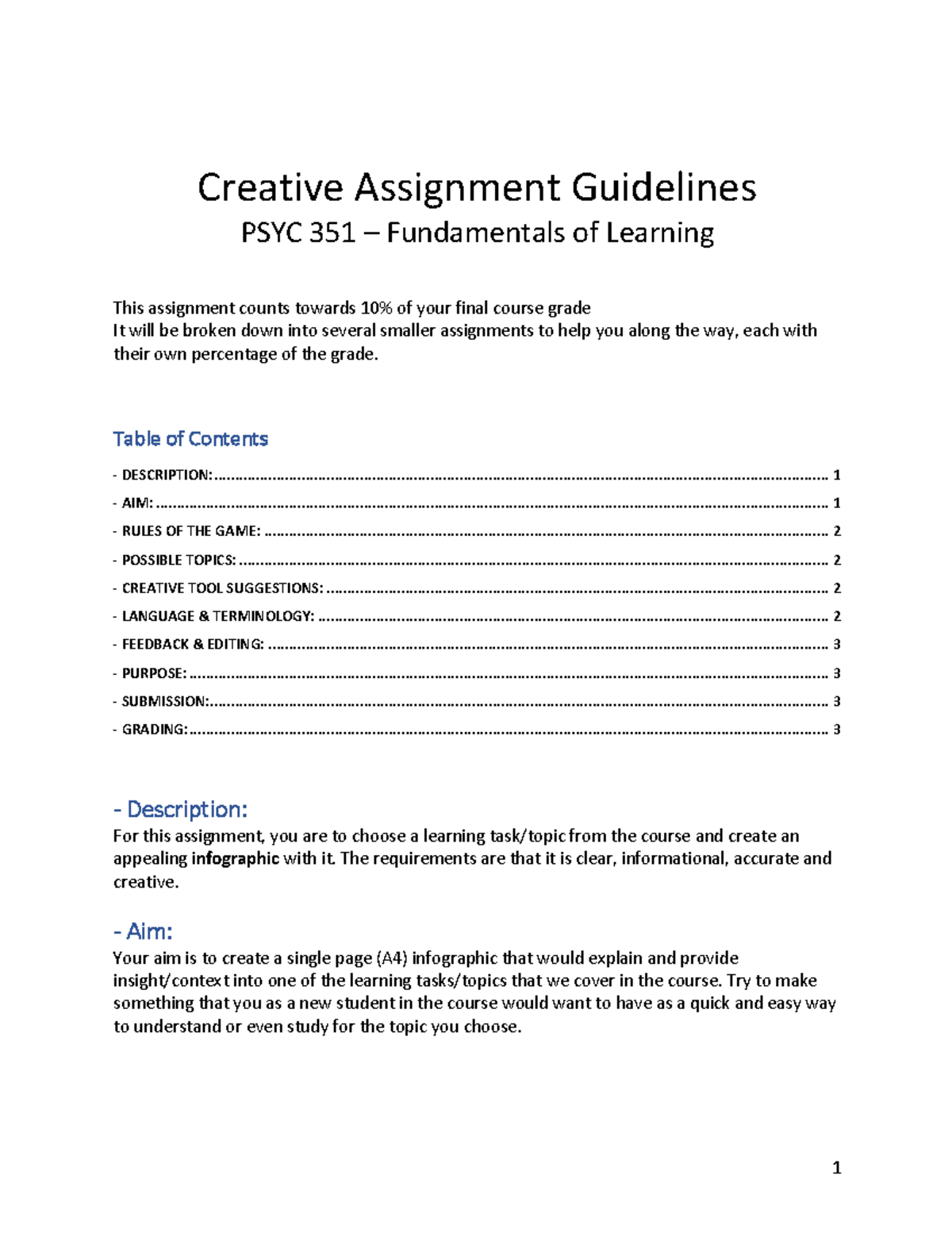 PSYC 351 - Creative Assignment Guidelines - 1 Creative Assignment ...
