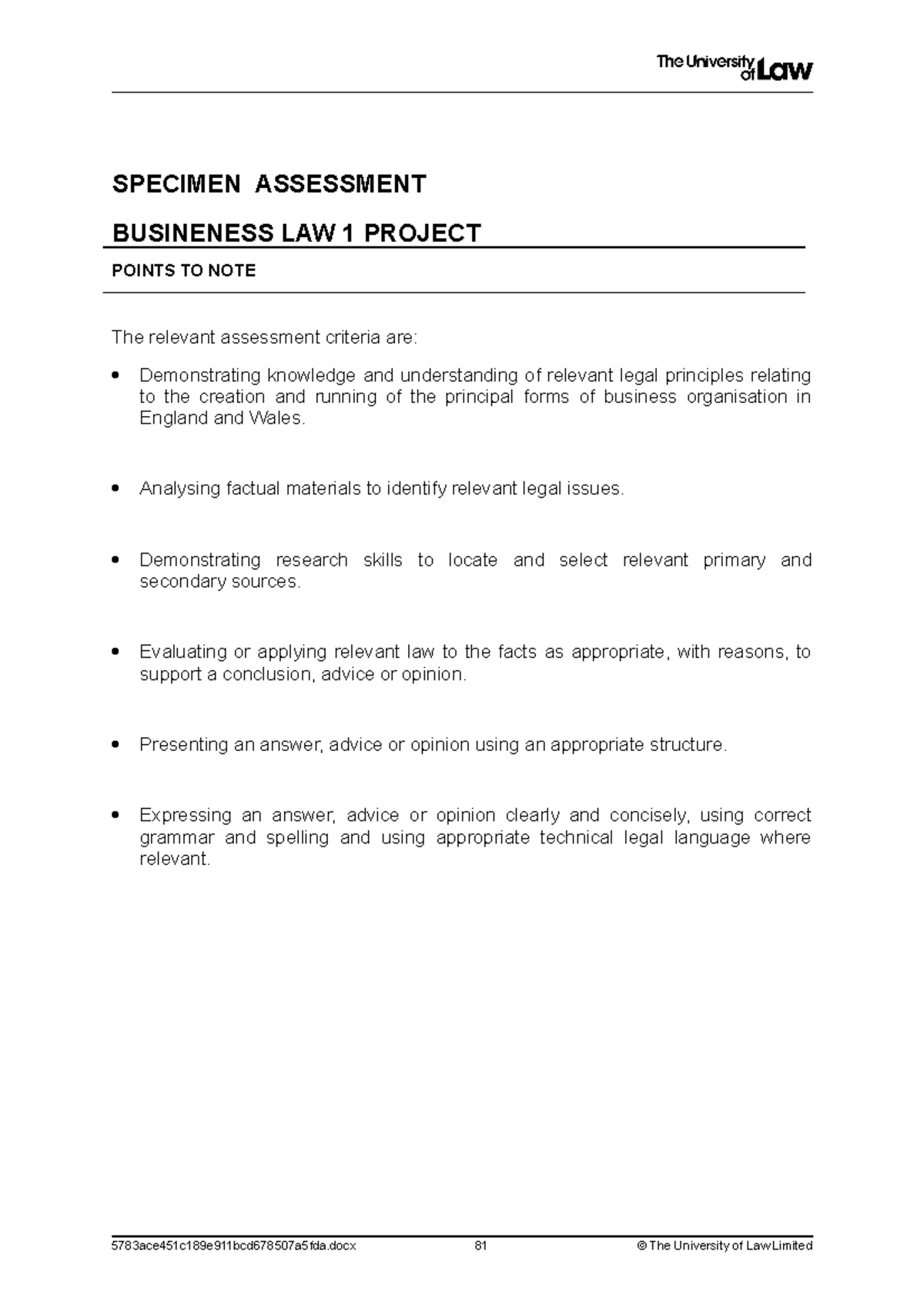 2223 bus1 ce01 specimen assessment feedback - SPECIMEN ASSESSMENT BUSINENESS LAW 1 PROJECT ...