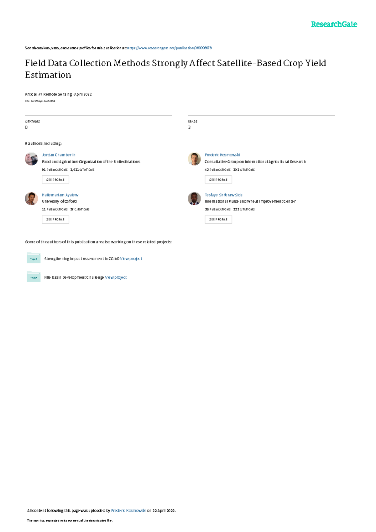 Field Data Collection Methods Strongly Affect Satellite-Based Crop Yield Estimation - See - Studocu