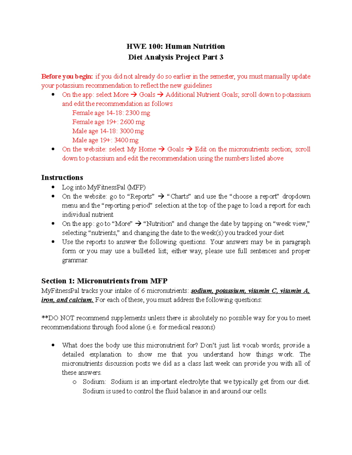 HWE 100 Diet Analysis Part 3 - HWE 100: Human Nutrition Diet Analysis ...