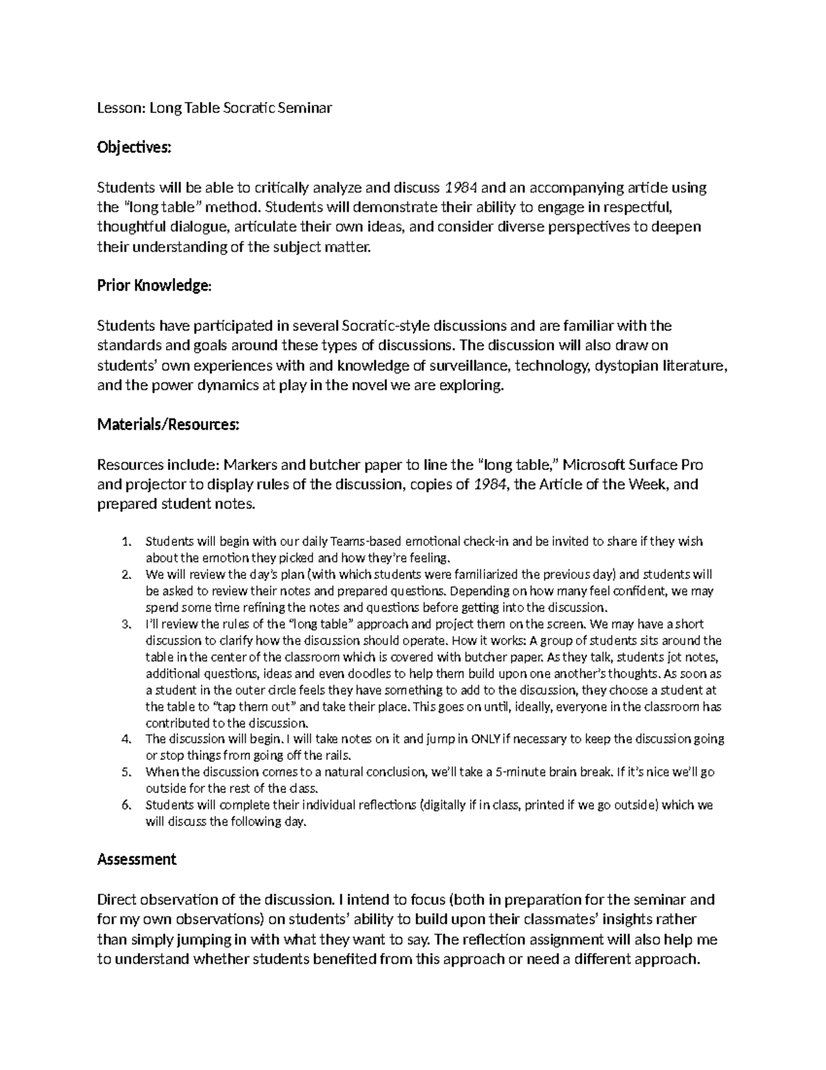 4.18.24 Lesson Plan - Lesson: Long Table Socratic Seminar Objectives ...