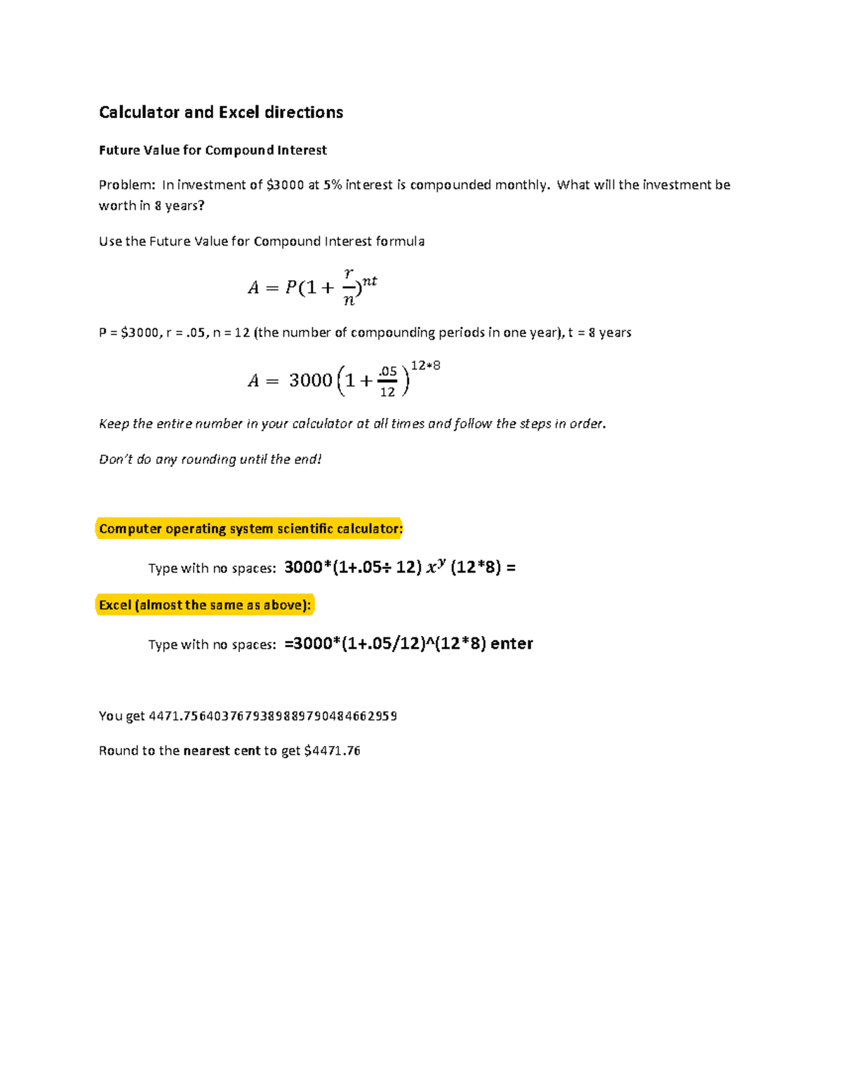 Calculator and excel directions Compound Int - Calculator and Excel ...