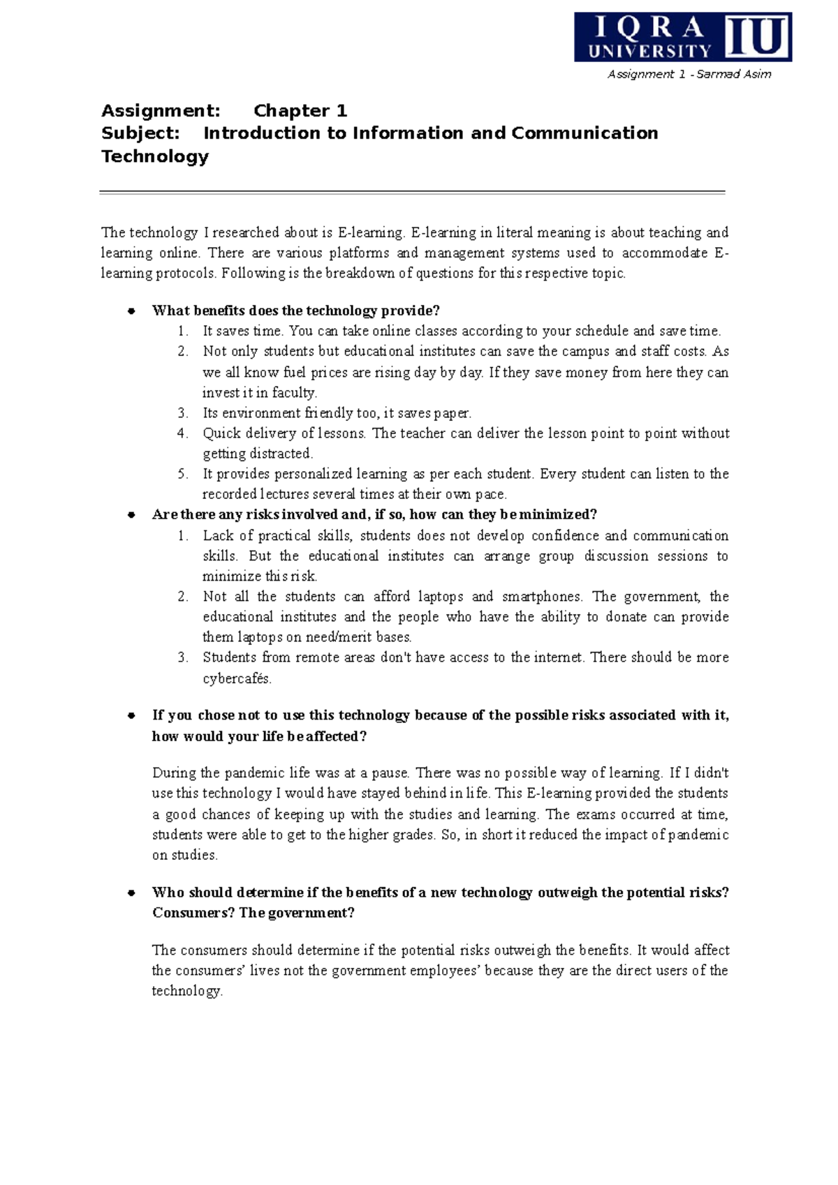 ICT Assignment 1 - assingment - Assignment 1 - Sarmad Asim Assignment: Chapter 1 Subject: - Studocu