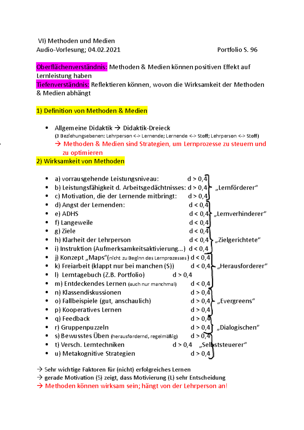 Schulpäd.Methoden und Medien - VI) Methoden und Medien Audio-Vorlesung; 04.02 Portfolio S. 96 ...