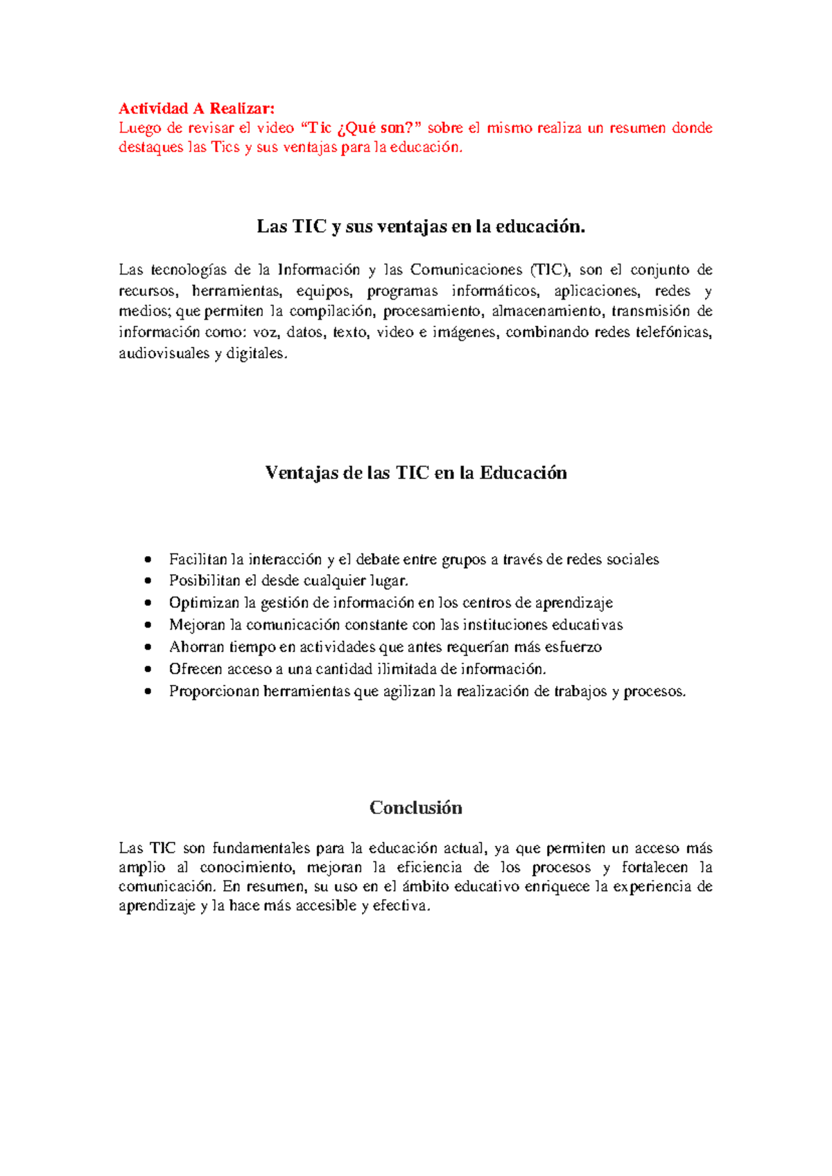 Actividad A Realizar Las TIC - Actividad A Realizar: Luego de revisar el video “Tic ¿Qué son ...