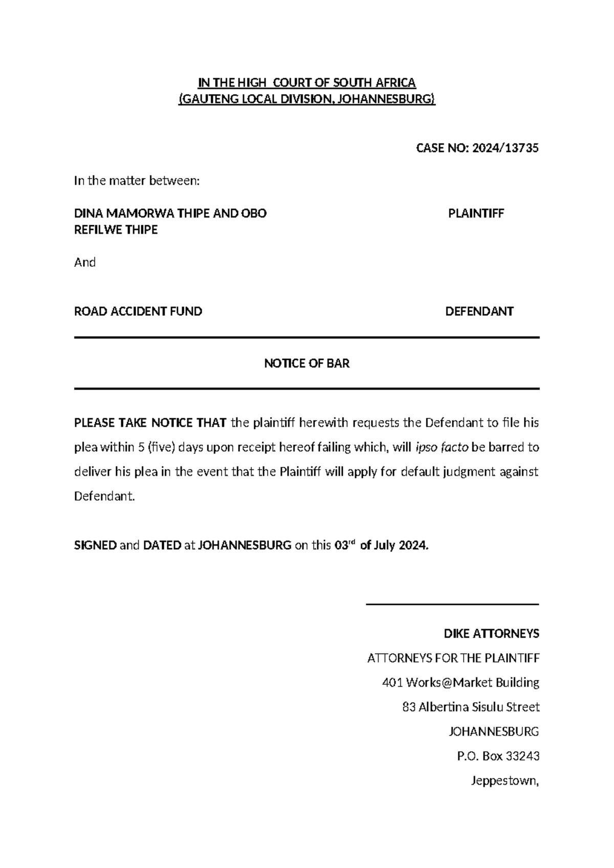 Notice OF BAR - IN THE HIGH COURT OF SOUTH AFRICA (GAUTENG LOCAL ...