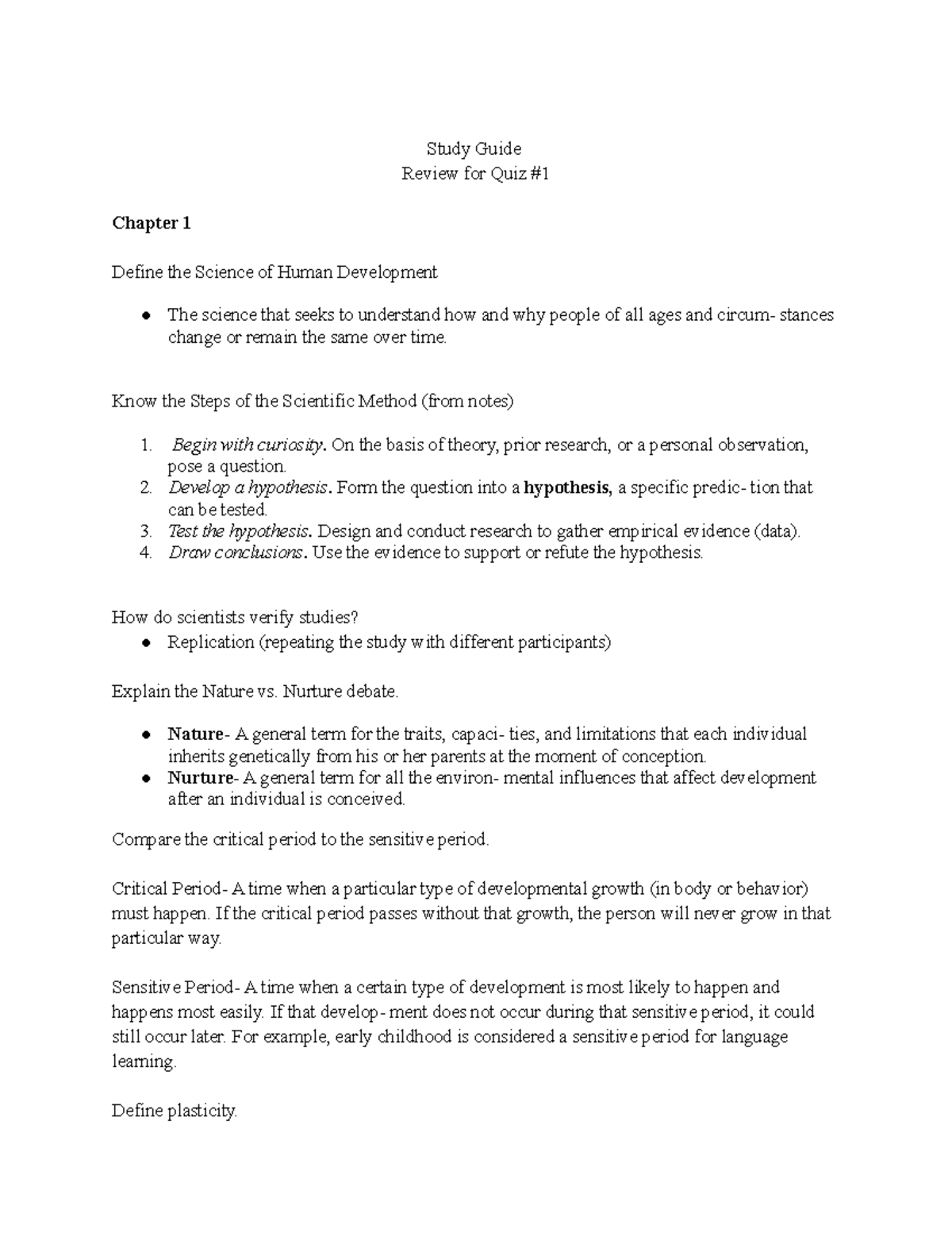 Study Guide Exam 1 - Study Guide Review for Quiz # Chapter 1 Define the ...
