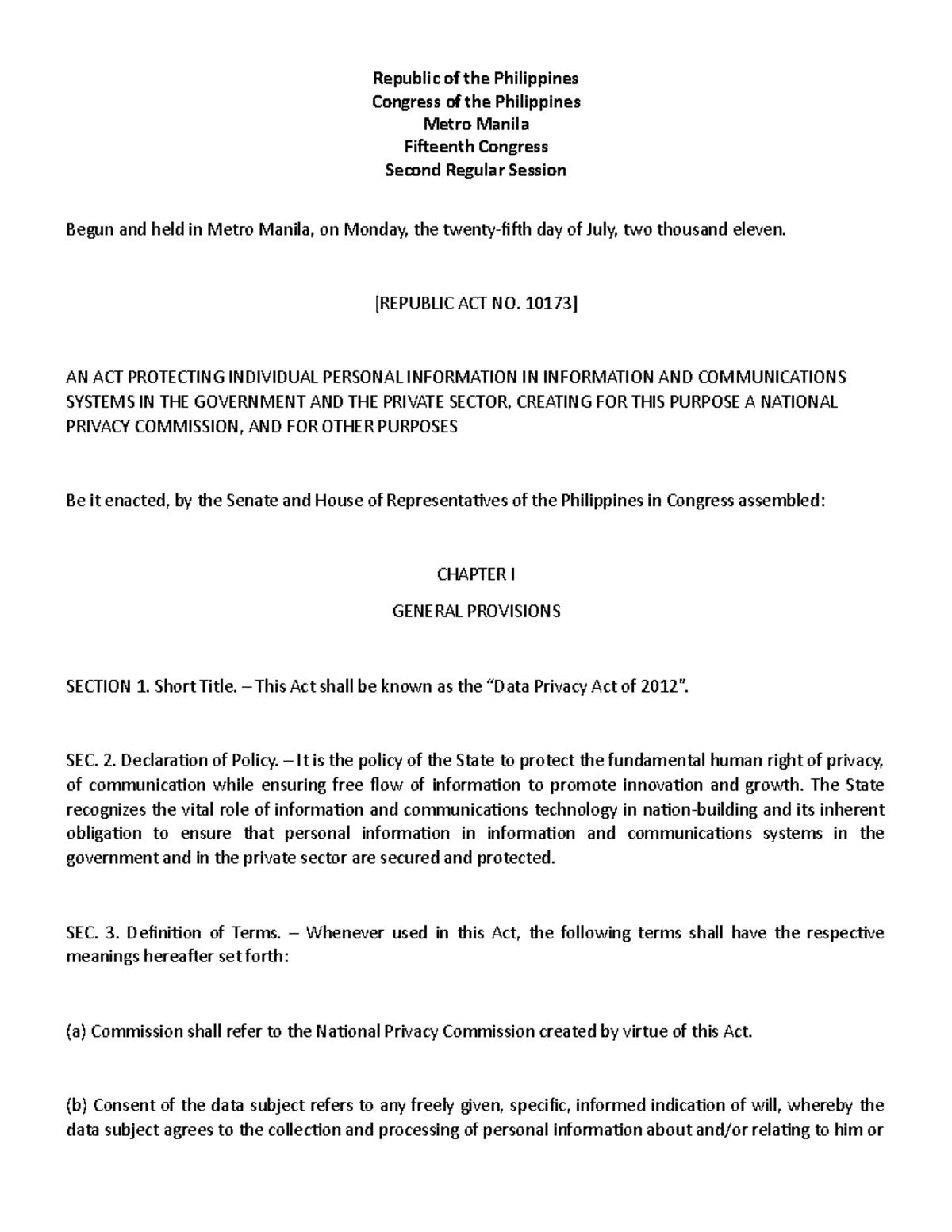 DATA Privacy ACT - notes - Republic of the Philippines Congress of the ...