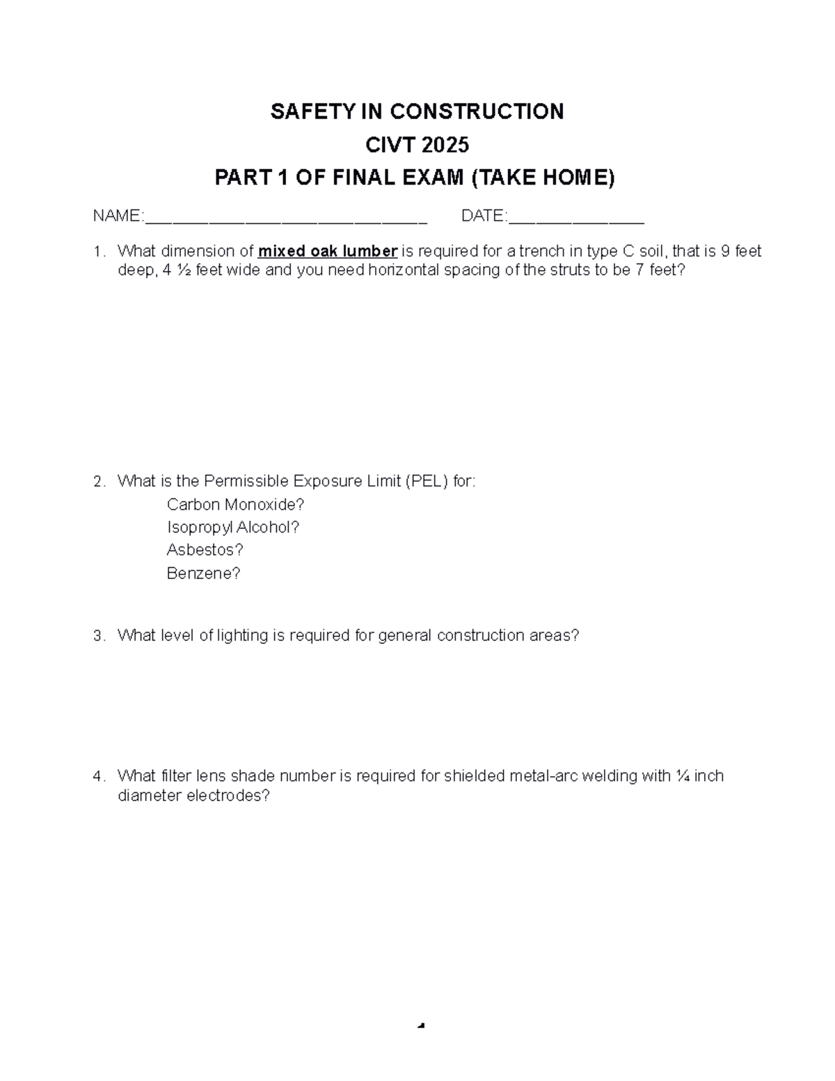 Take Home Exam Pt 1 - 2014 - SAFETY IN CONSTRUCTION CIVT 2025 PART 1 OF ...