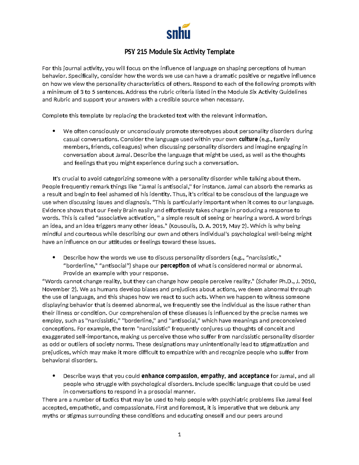 6-2 Activity Journal - N/A - PSY 215 Module Six Activity Template For ...