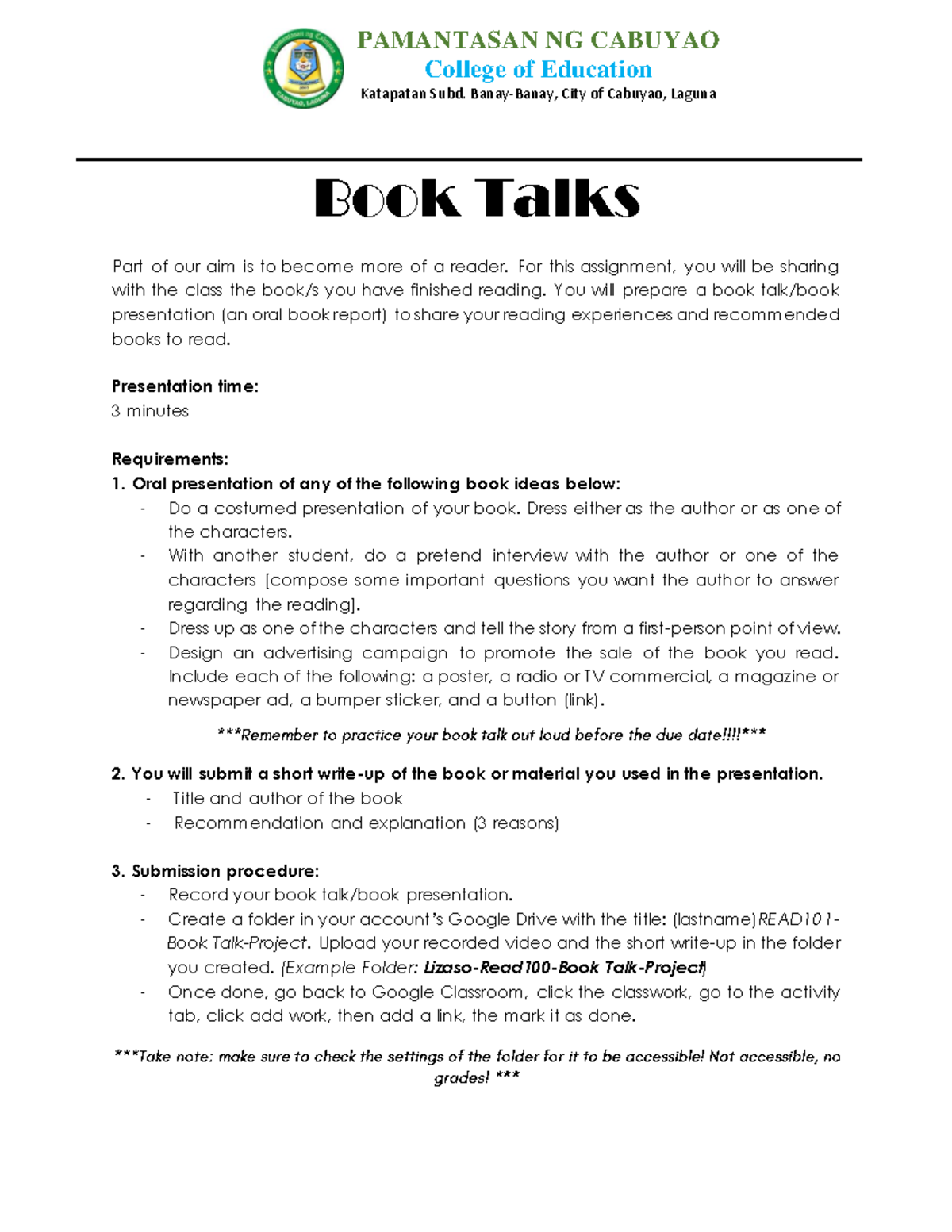 READ100 PRJ1 Book Talk Final - PAMANTASAN NG CABUYAO College of ...