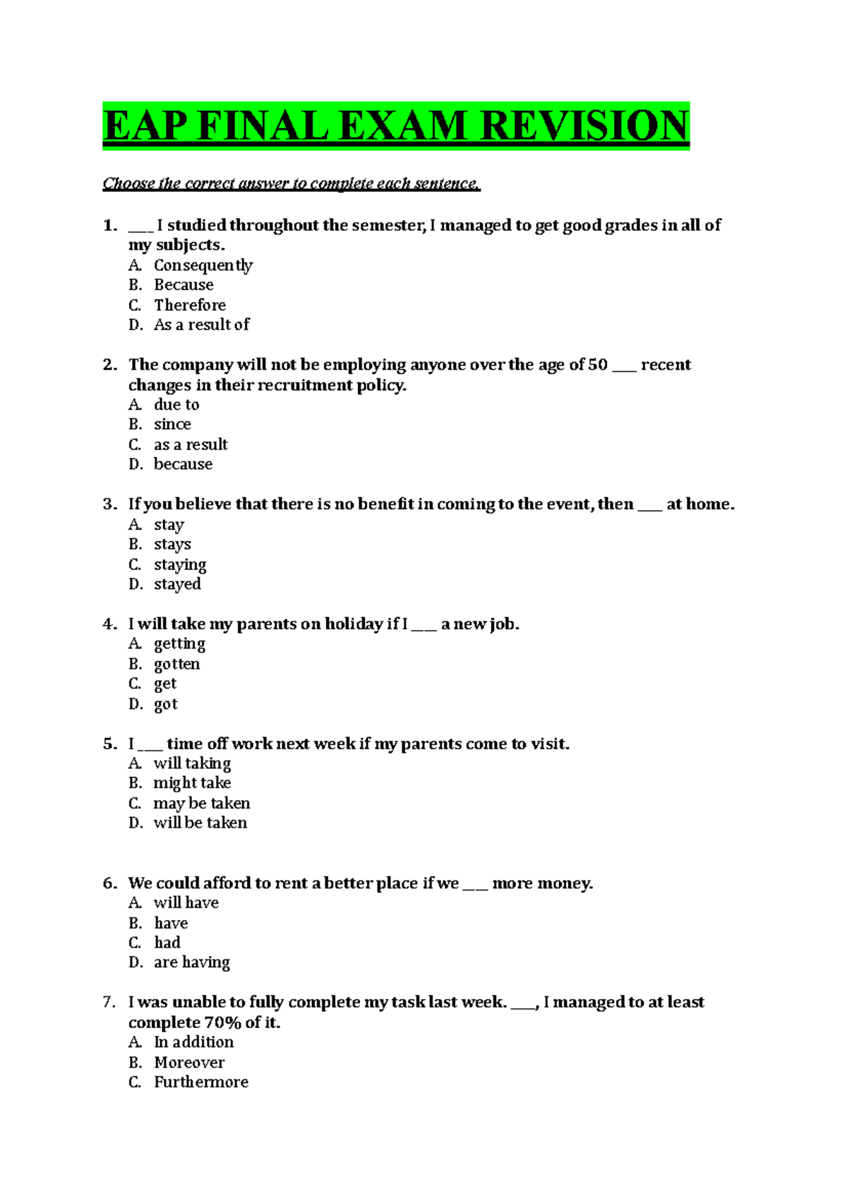 EAP Final EXAM Revision - EAP FINAL EXAM REVISION Choose the correct ...