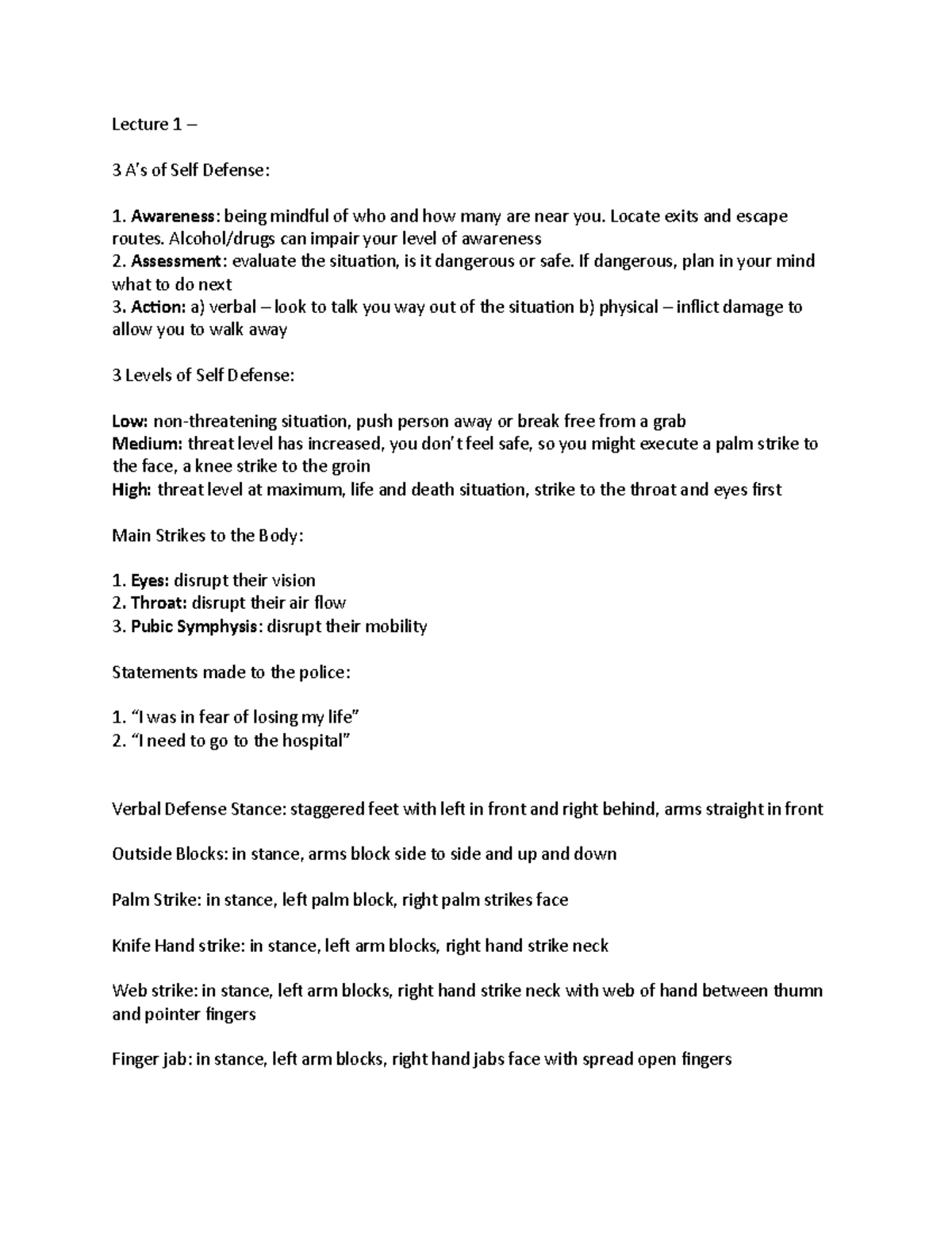 SELF Defense Notes - online - Lecture 1 3 of Self Defense: 1. Awareness ...