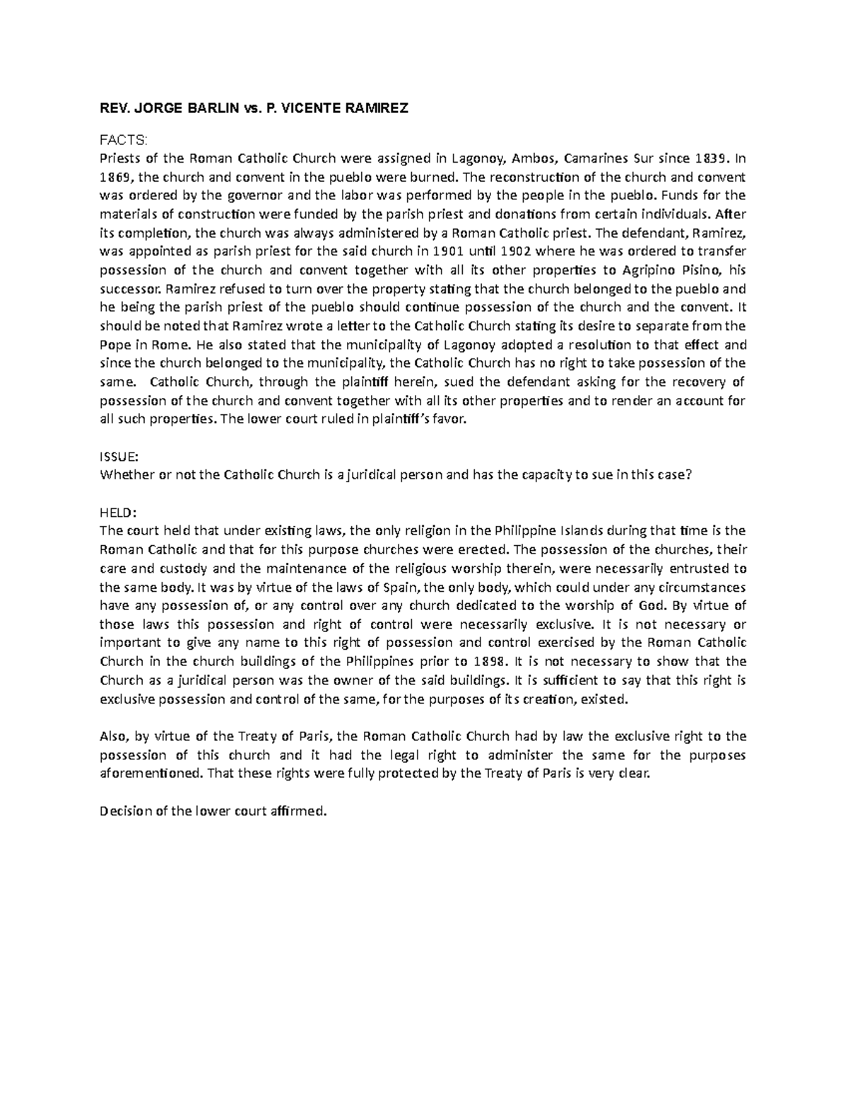 203991651 Barlin v Ramirez - REV. JORGE BARLIN vs. P. VICENTE RAMIREZ ...