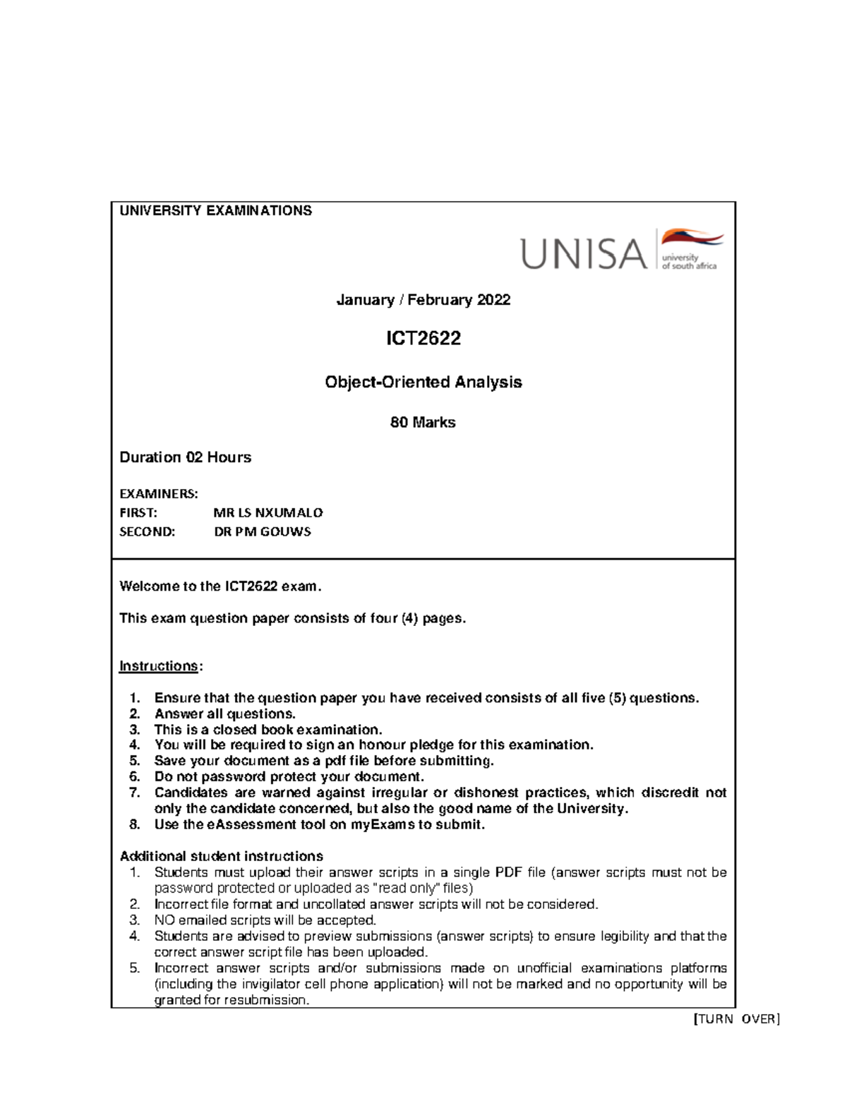 ICT2622 Jan - Feb 2022 Exam Paper - [TURN*OVER] UNIVERSITY EXAMINATIONS January / February 2022 ...