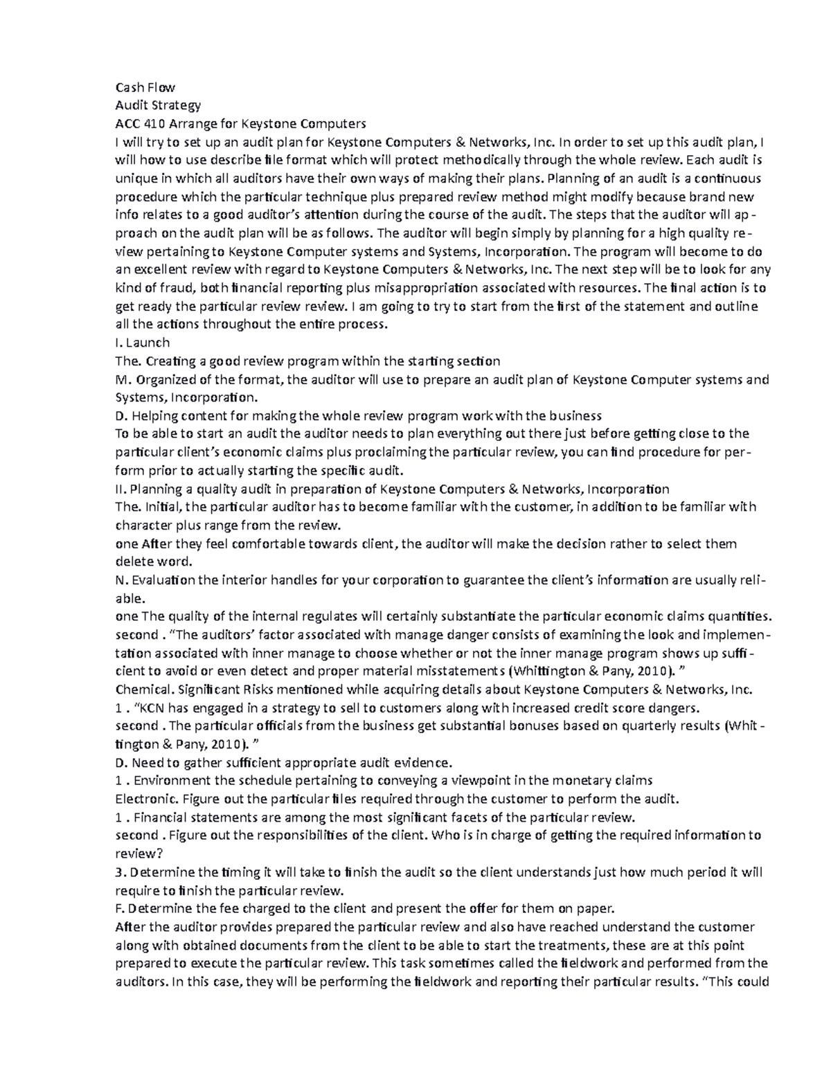 ACC 410 Plan for Keystone Computers - Cash Flow Audit Strategy ACC 410 ...