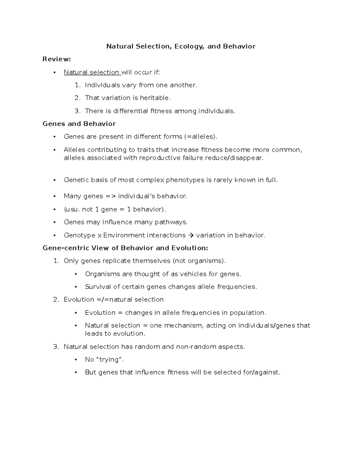 Behavioral Ecology Lecture - Natural Selection, Ecology, and Behavior ...