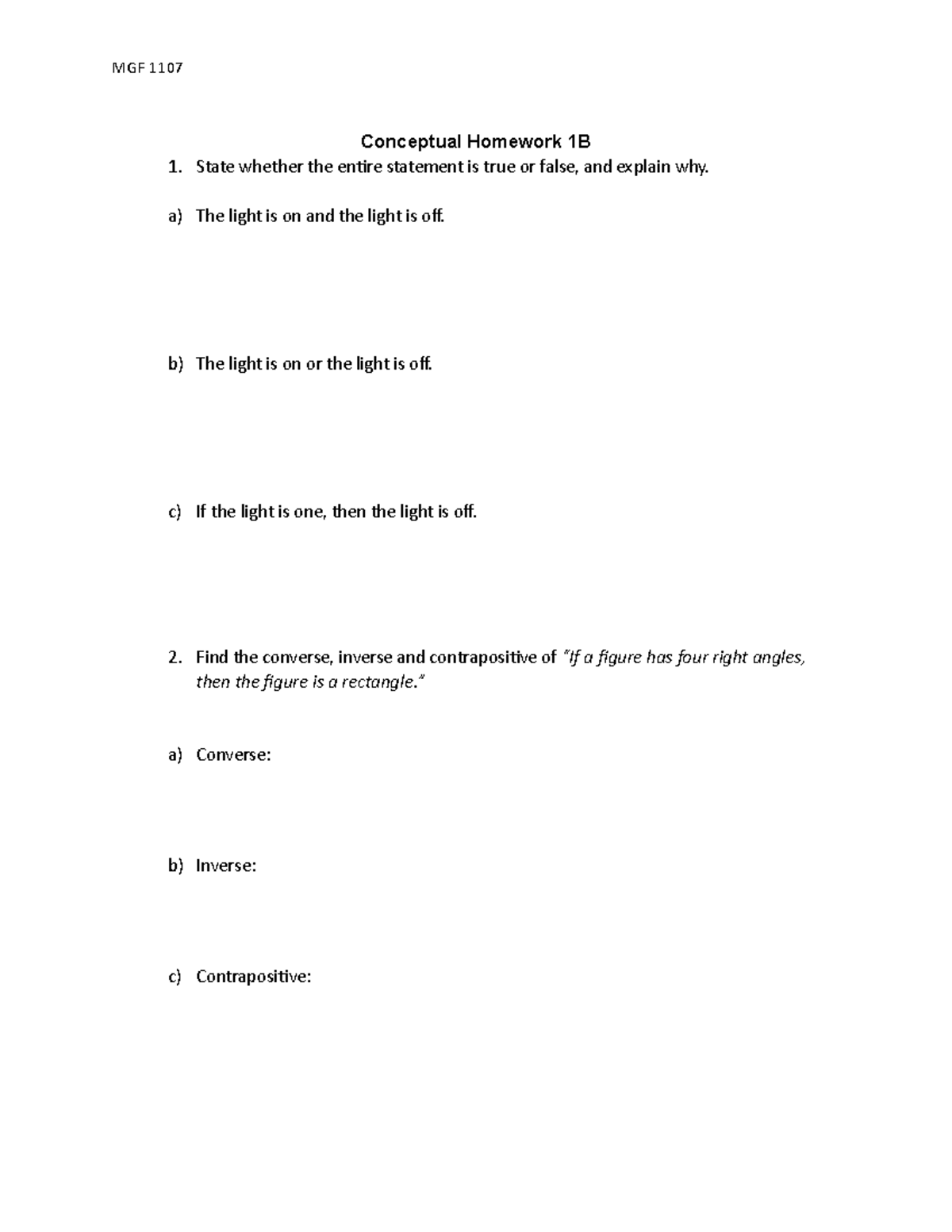 Conceptual HW 1B - MGF 1107 Conceptual Homework 1B State whether the ...
