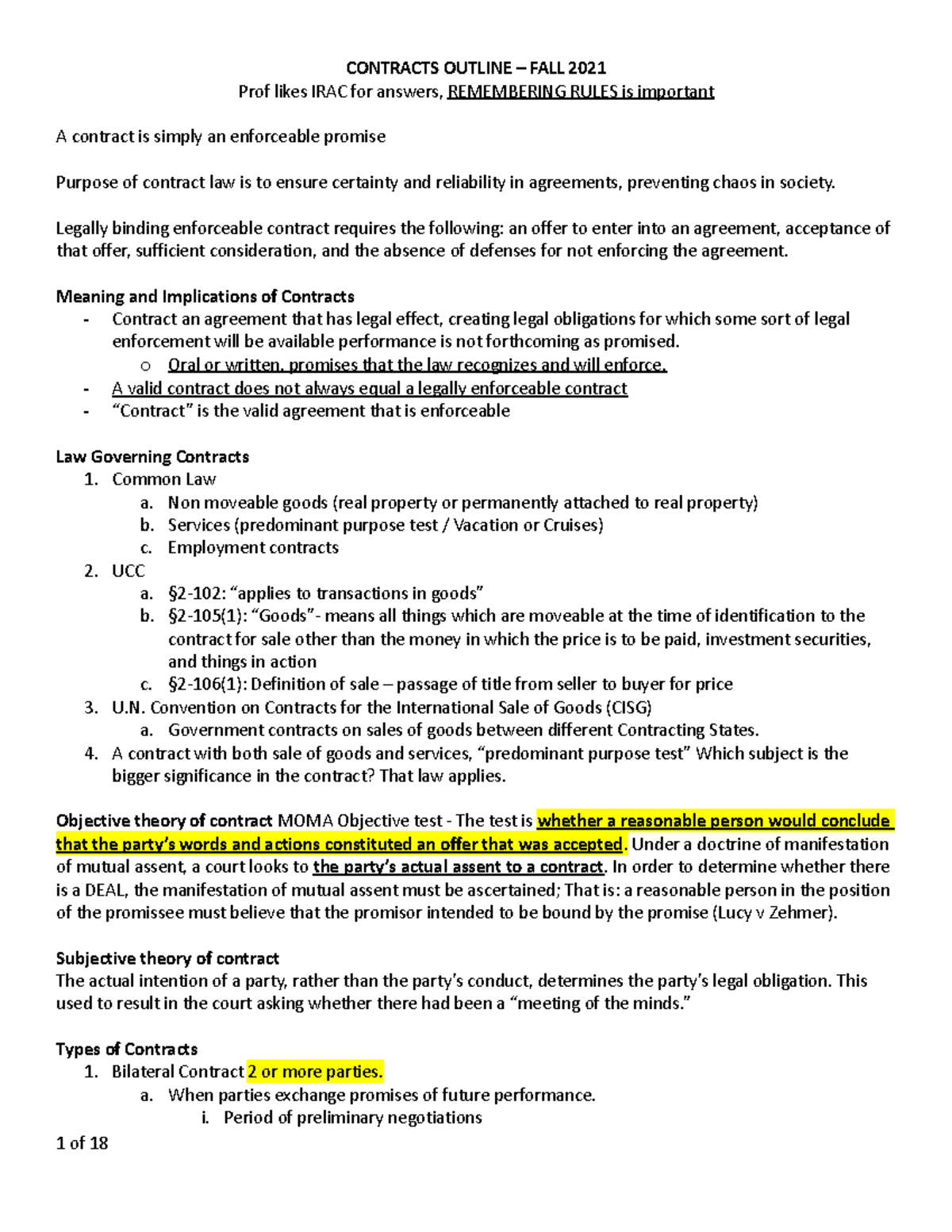 Contracts Outline - Master - CONTRACTS OUTLINE – FALL 2021 Prof likes ...