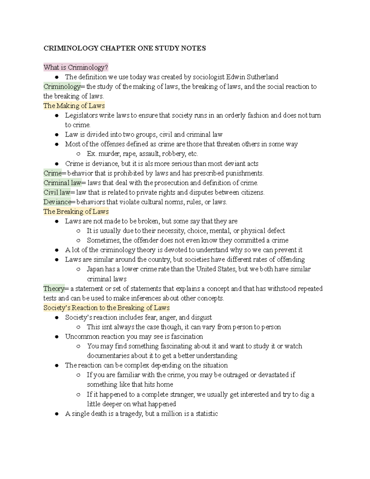 Crim notes - CRIMINOLOGY CHAPTER ONE STUDY NOTES What is Criminology ...