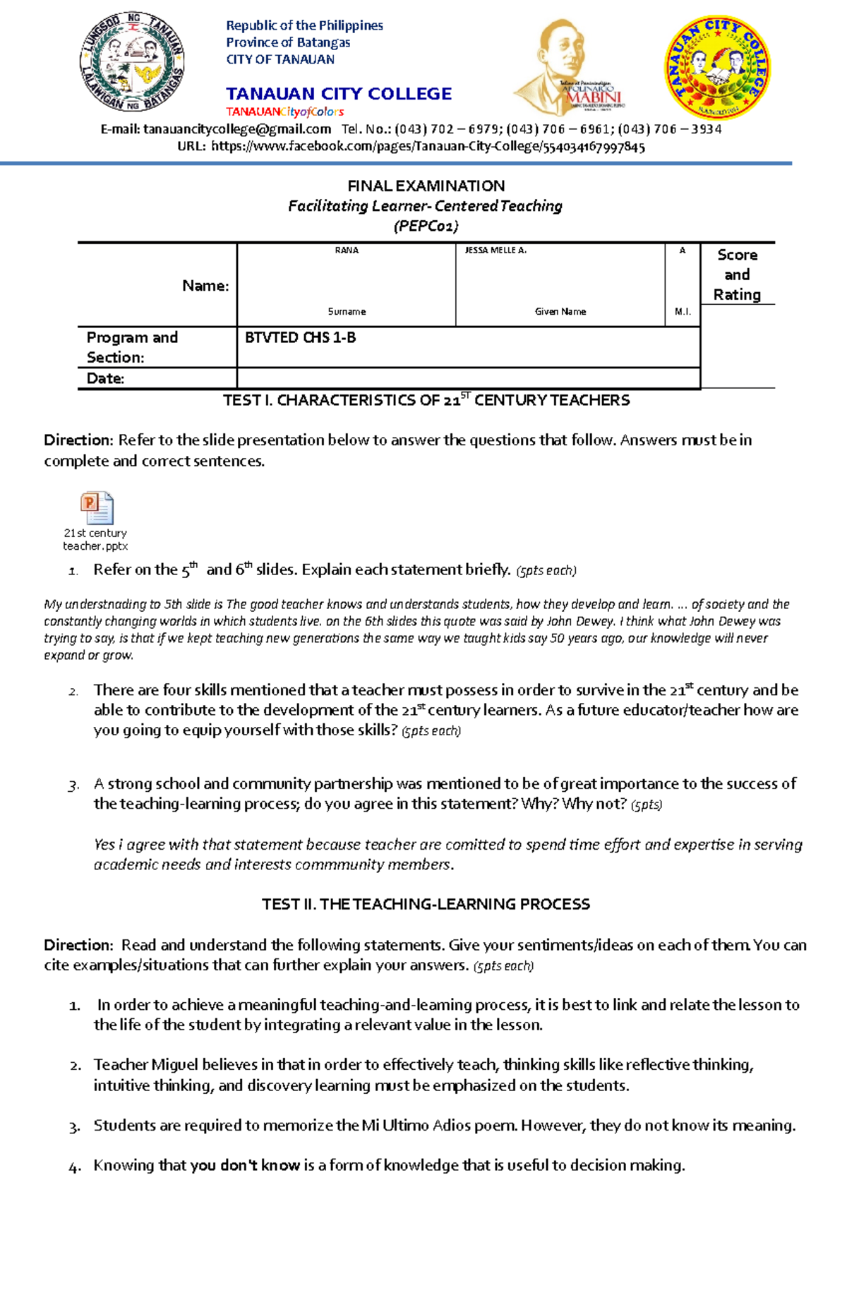 Pepco 1- Final EXAM-RANA J - FINAL EXAMINATION Facilitating Learner ...