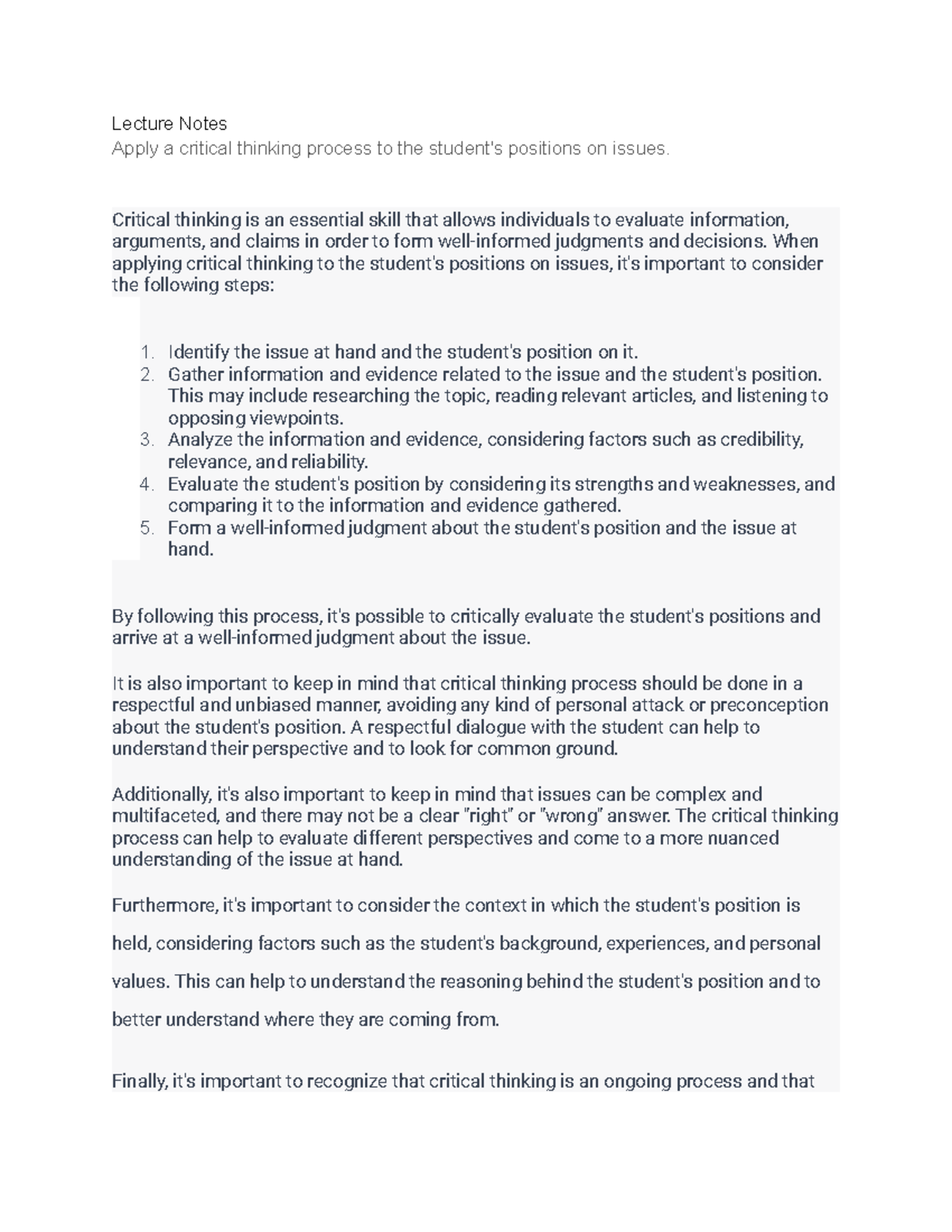 PHIL243 (2 - Apply a critical thinking process to the student's ...