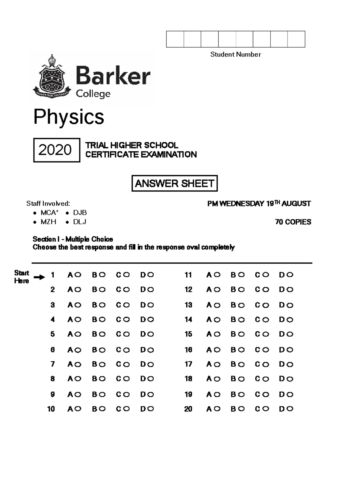Barker 2020 Physics Trials & Solutions - Physics ANSWER SHEET Staff ...