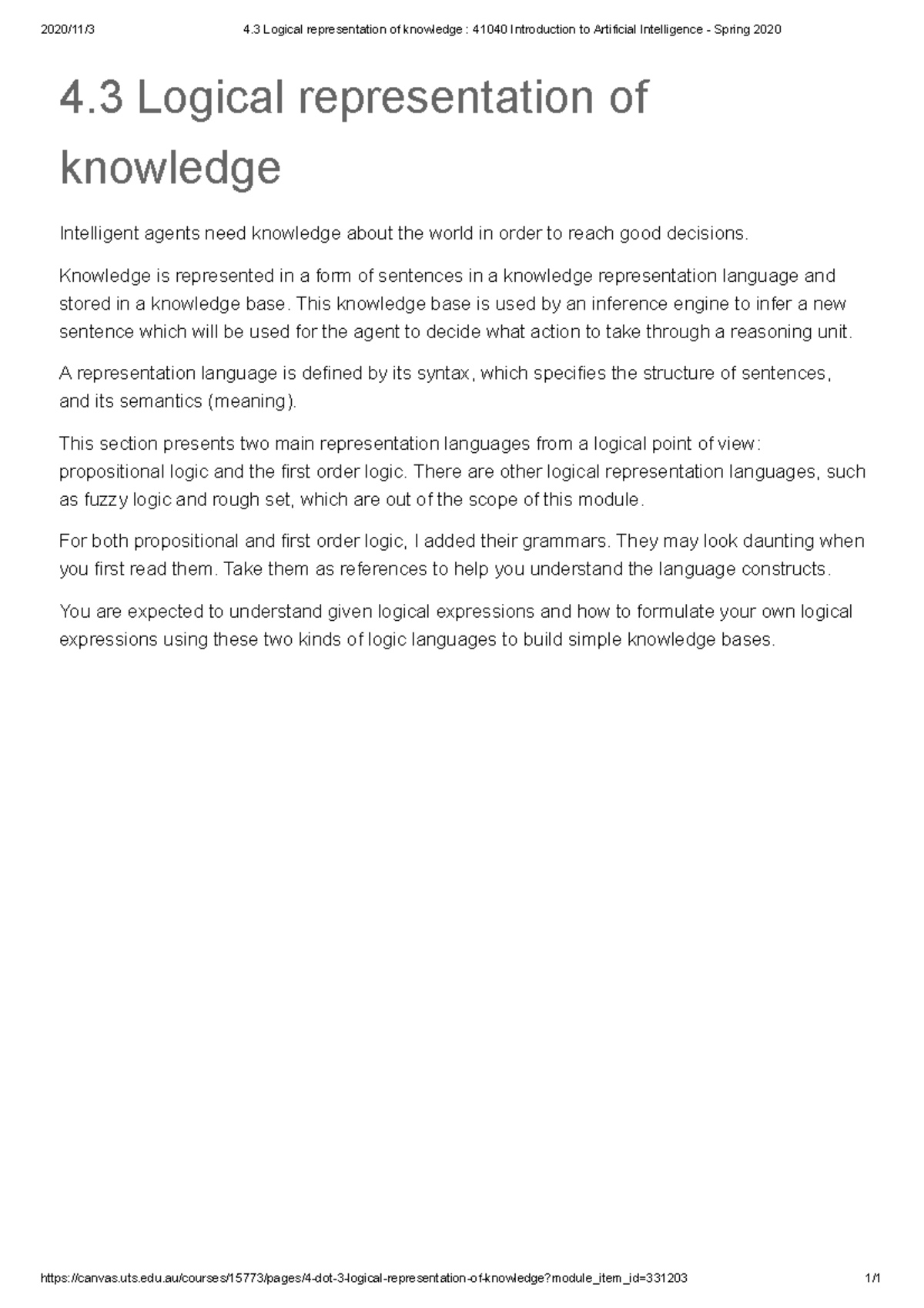 4.3 Logical representation of knowledge 41040 Introduction to ...