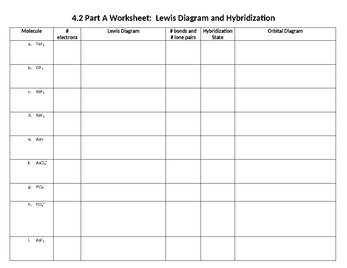 1.6.1 Lewis Diagrams and Hybridization worksheet - 4 Part A Worksheet ...