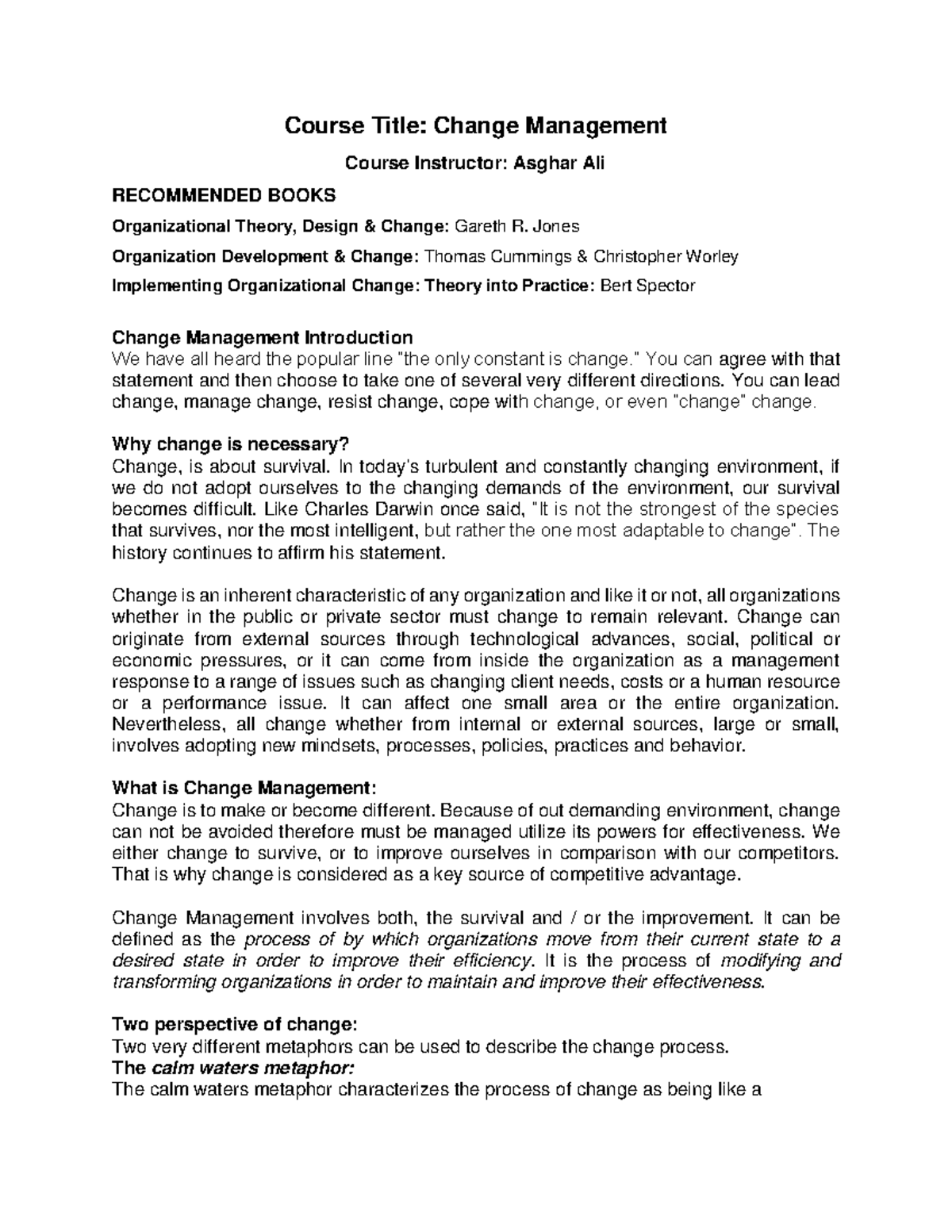 Change Management Notes Part 1 - Course Title: Change Management Course ...