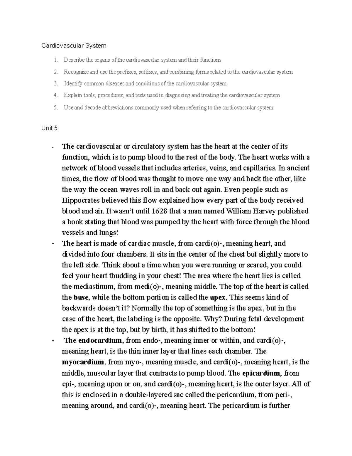 Med. Terminology Cardiovascular System - Cardiovascular System Describe ...