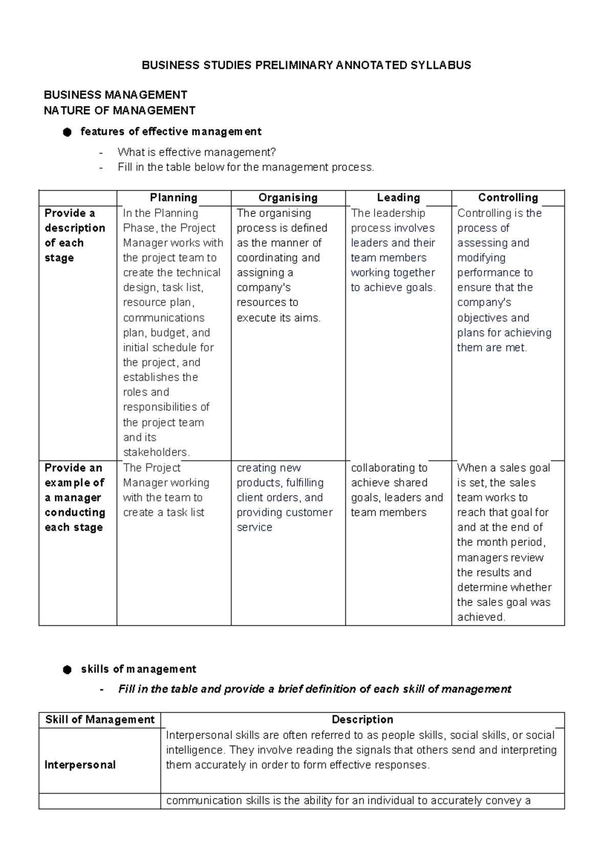 Business Management Annotated Syllabus - BUSINESS STUDIES PRELIMINARY ...