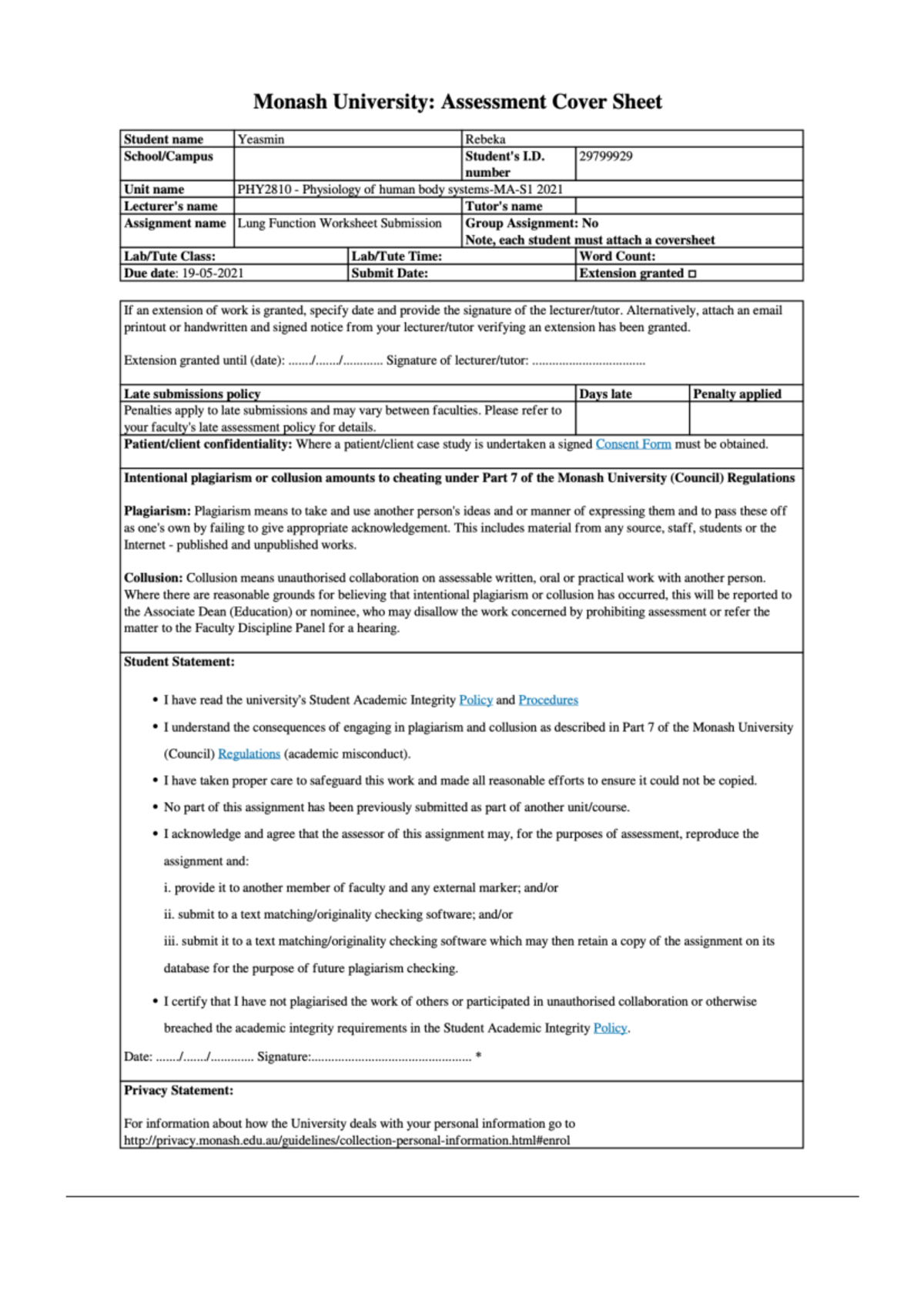 Lung Function worksheet - Student Name: Rebeka Yeasmin Student ID ...