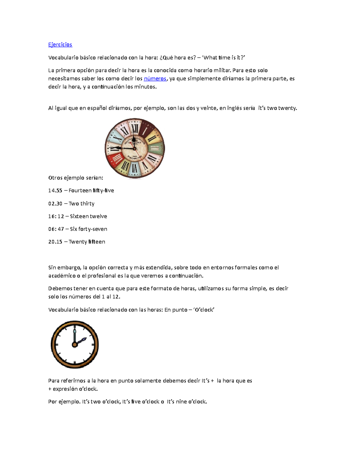 Ejercicios - Ejercicios Vocabulario básico relacionado con la hora ...