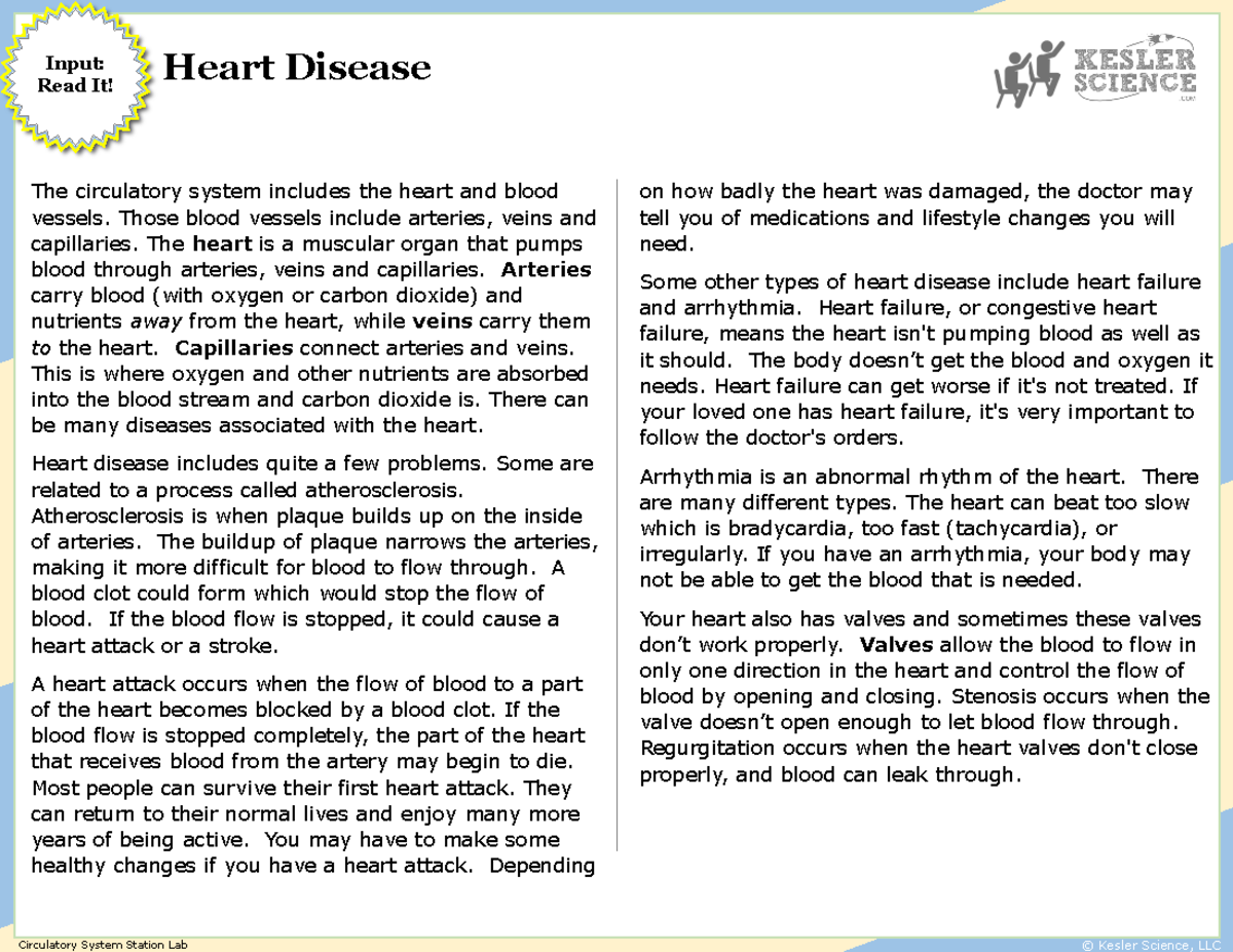 Circulatory System Stations - Input: Read It! Heart Disease The ...