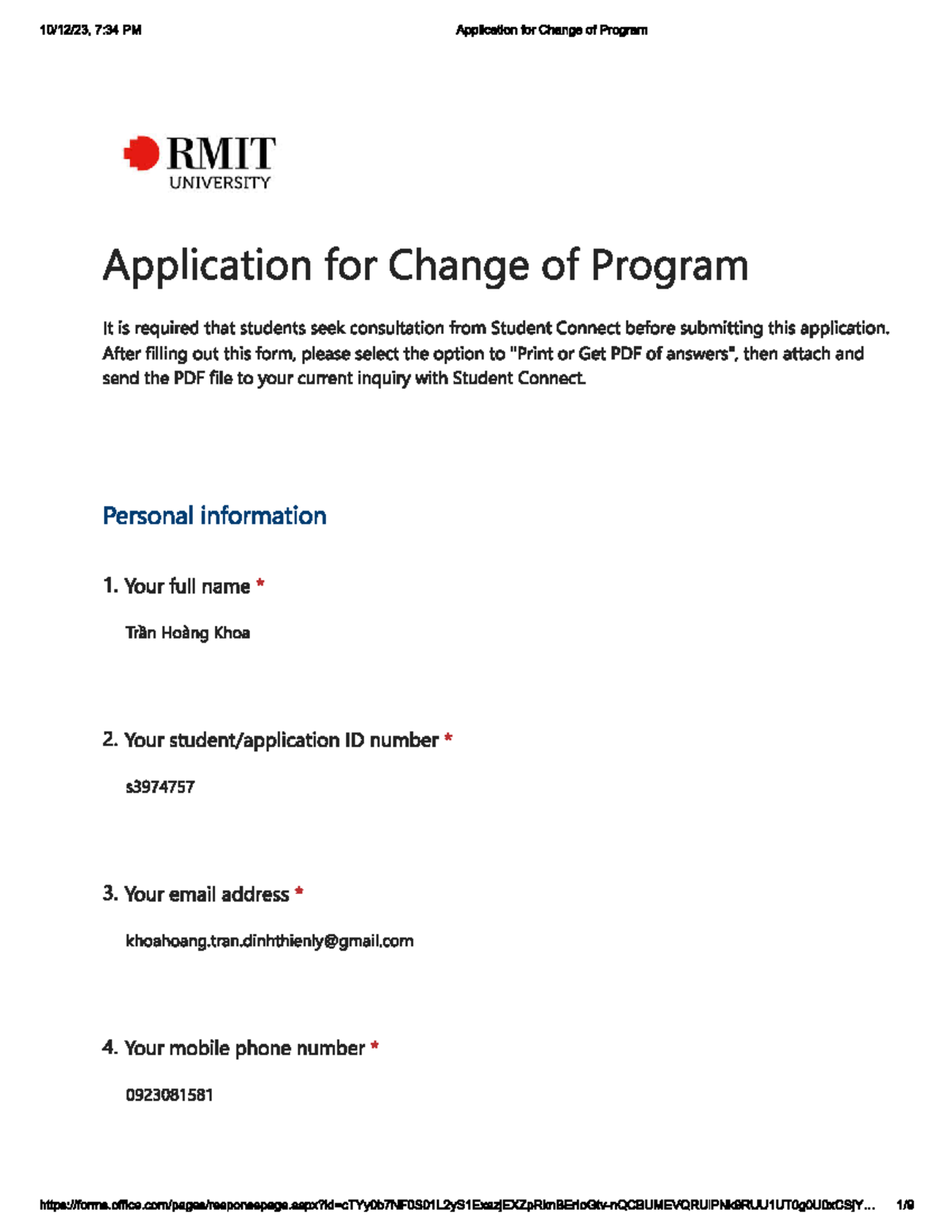 Application for Change of Program - After filling out this form, please ...